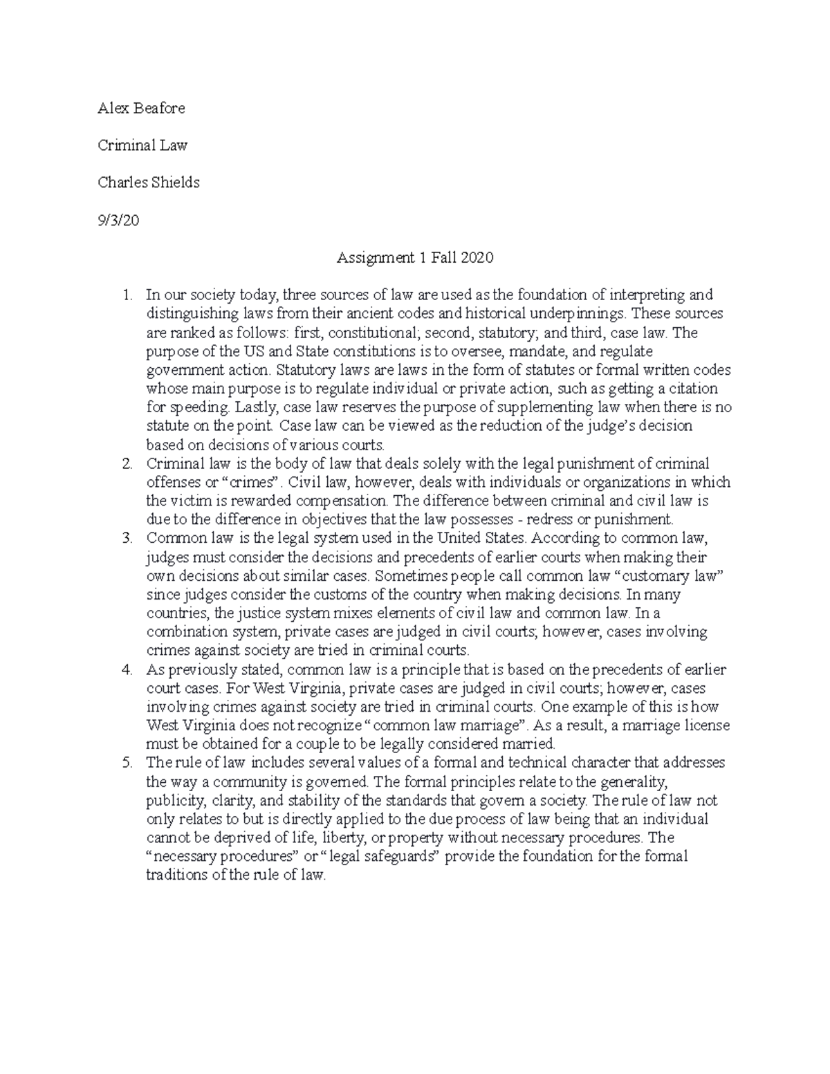 CRIM LAW ASMT 1 - Police - Alex Beafore Criminal Law Charles Shields 9 ...