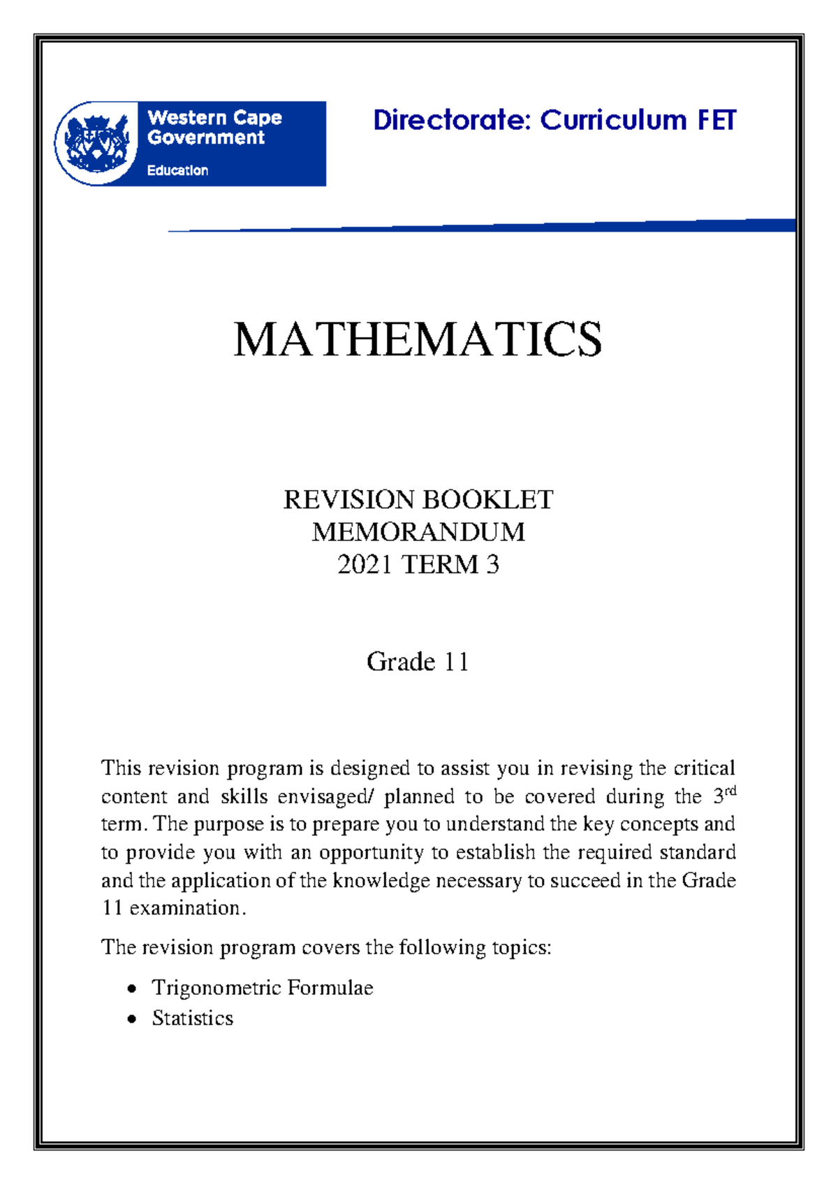 Mathematics Grade 11 Revision Answers Term 3 2021-1 - Directorate ...
