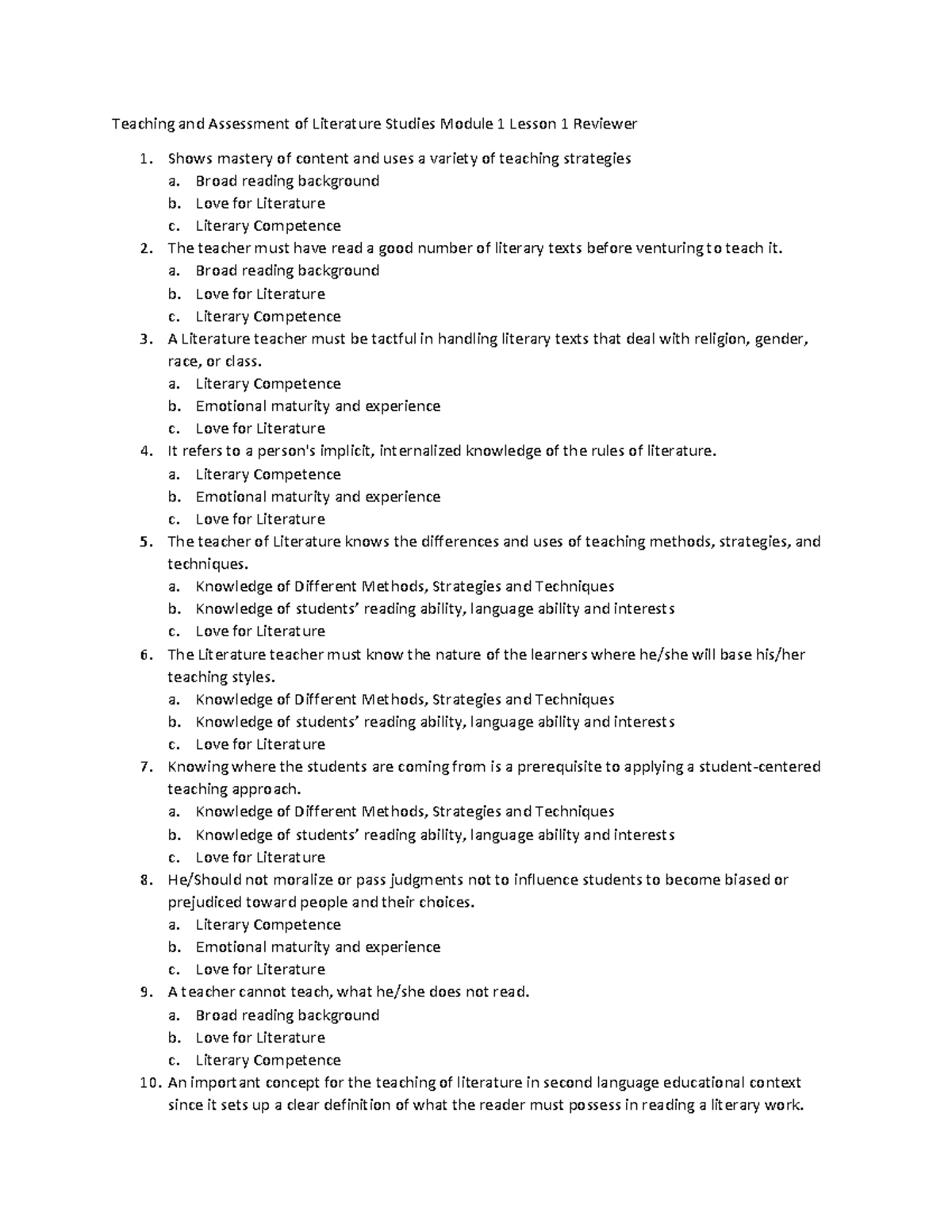 Teaching and Assessment of Literature Studies Module 1 Lesson 1 Reviewer - Broad reading ...