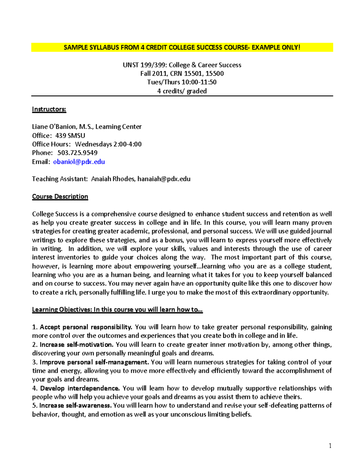 Sample Fall 1 - Abc - SAMPLE SYLLABUS FROM 4 CREDIT COLLEGE SUCCESS ...