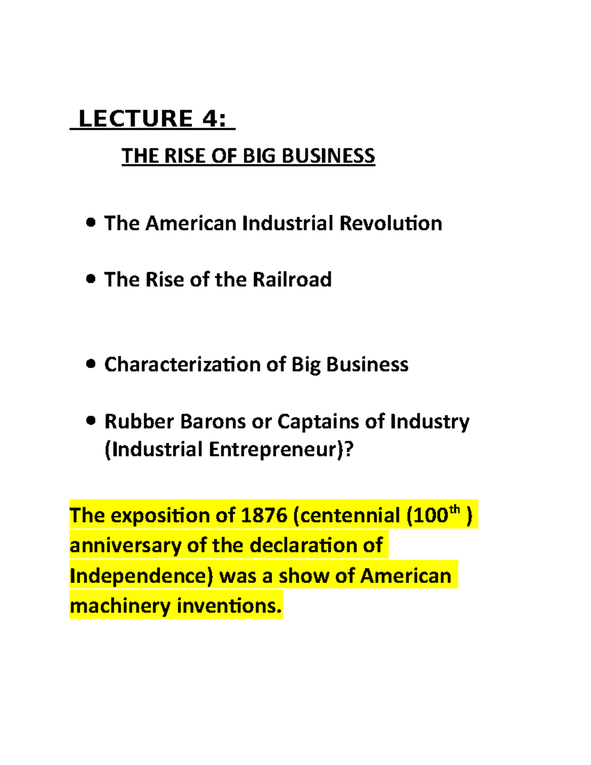 Lecture 4 - Notes - LECTURE 4: THE RISE OF BIG BUSINESS The American ...