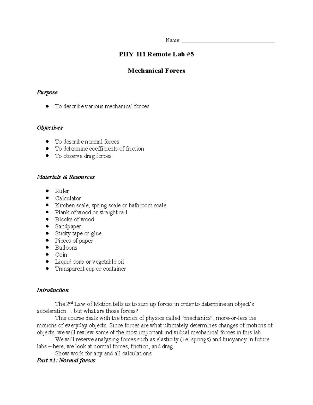 Phy 111 remote lab 05 - mechanical forces - PHY 111L - USM - Studocu