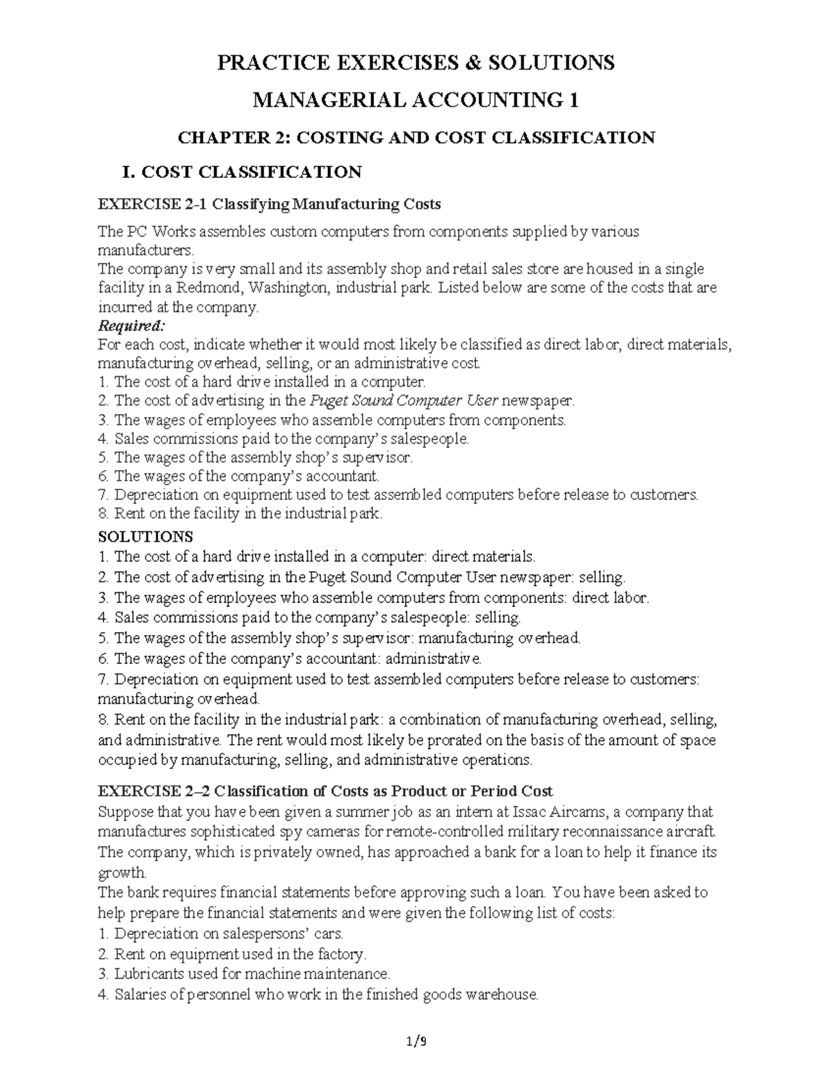 Practice Exercises Solutions Chapter 23 MA1 Final - PRACTICE EXERCISES & SOLUTIONS MANAGERIAL ...