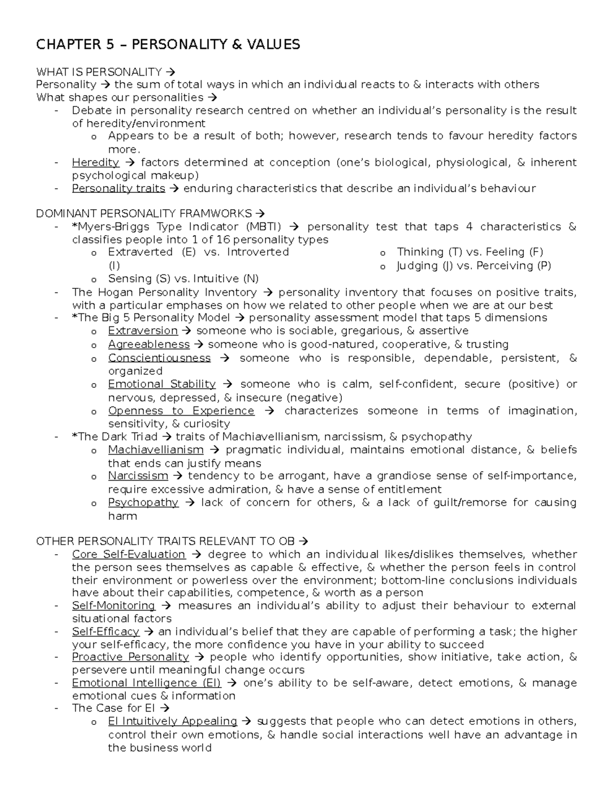 OB - Chapter Study Guide - Midterm - CHAPTER 5 – PERSONALITY & VALUES WHAT IS PERSONALITY - Studocu