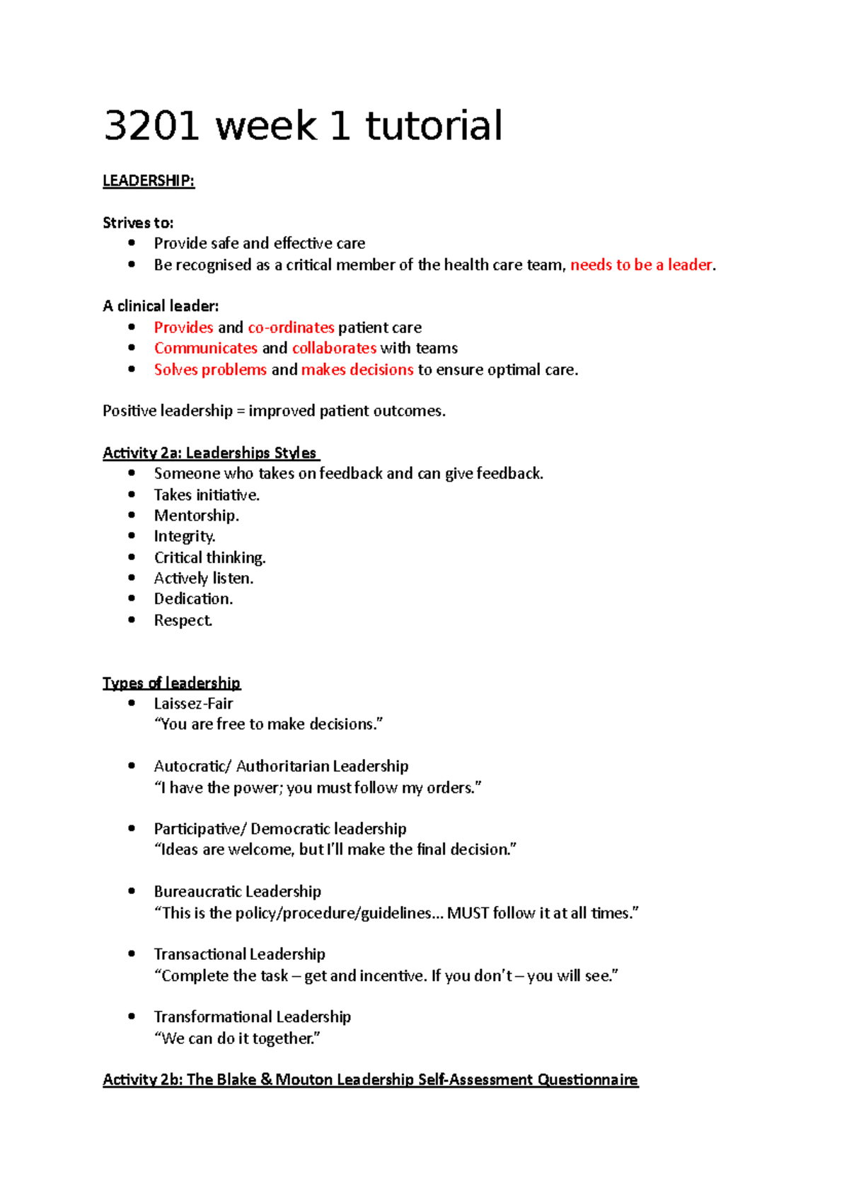 3201 week 1 tutorial - tuts - 3201 week 1 tutorial LEADERSHIP: Strives ...