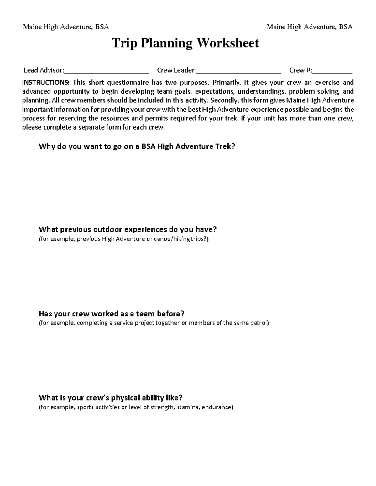 MHA Trip Planning Worksheet - Maine High Adventure, BSA Maine High ...