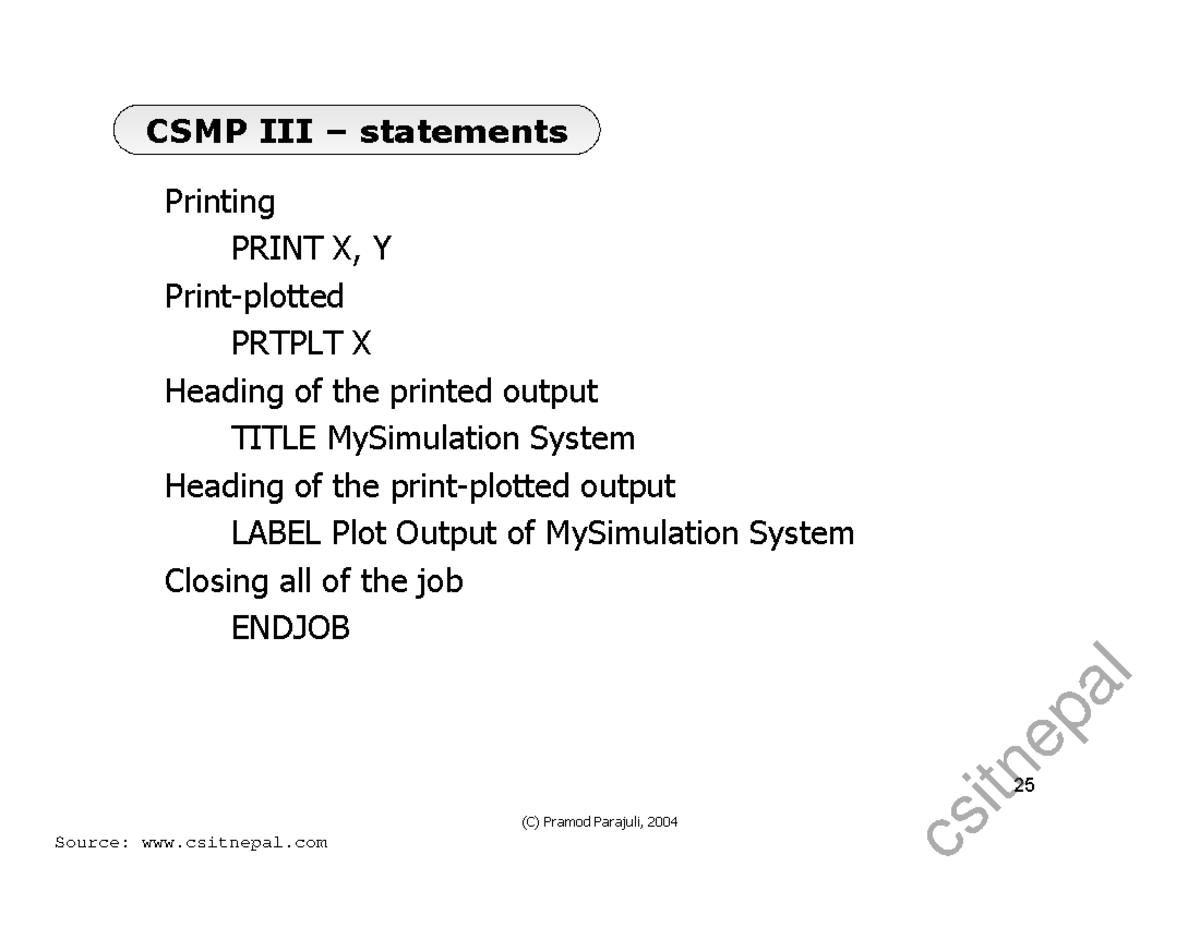 Lecture 04 Continuous System Simulation C Pramod Parajuli 2004 25 Csmp Iii Statements