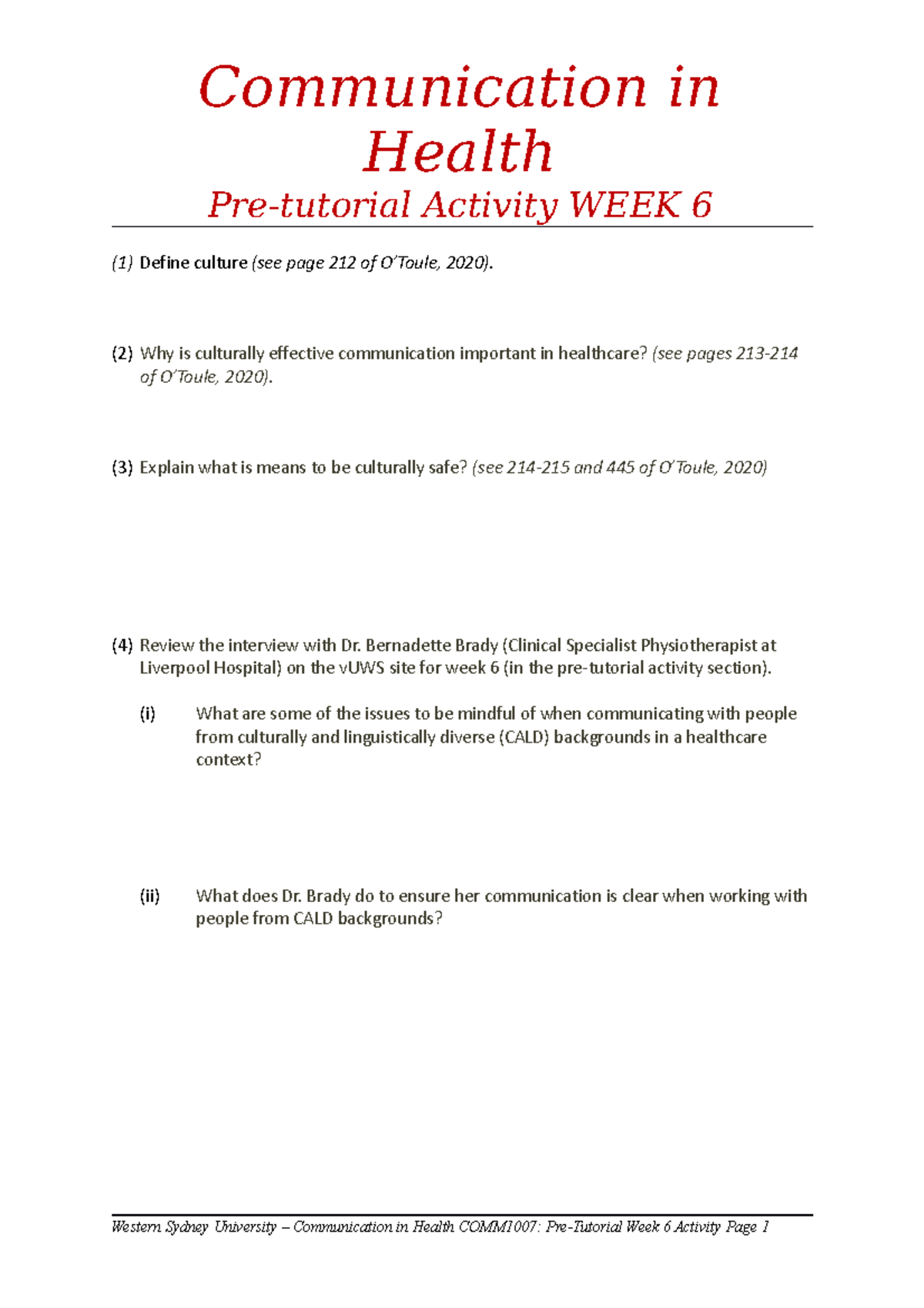 COMM1007 Pre-tutorial activity Week 6 - Communication in Health Pre-tutorial Activity WEEK 6 (1 ...