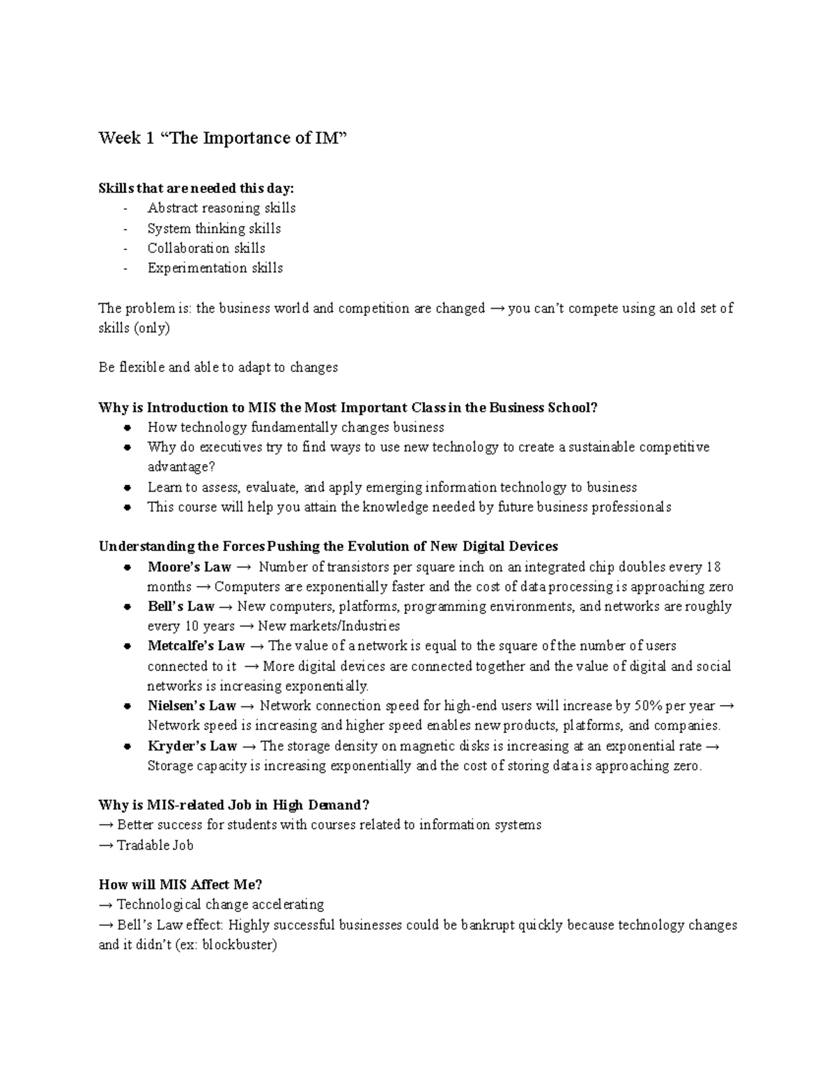 Information Management Week 1-13 Summary - Week 1 “The Importance of IM” Skills that are needed ...