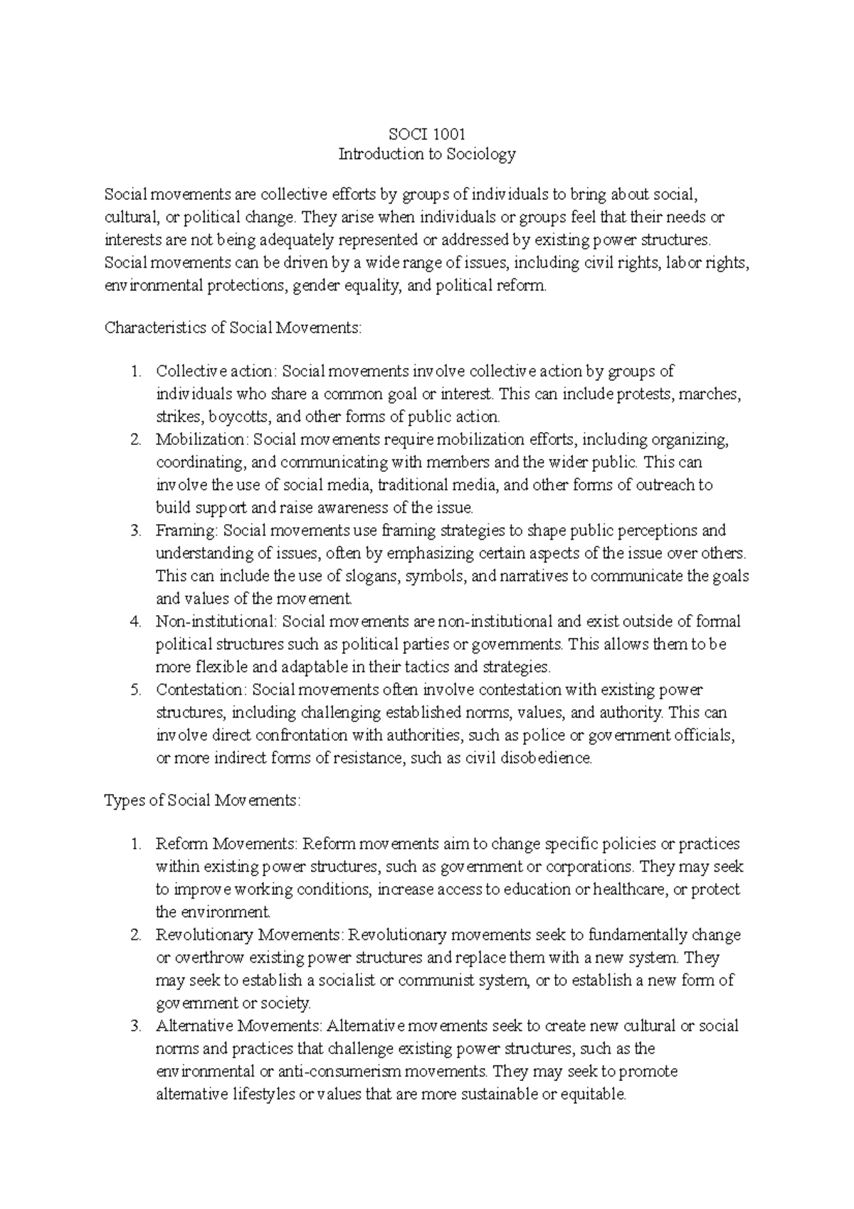 SOCI1001 -Social Movements - SOCI 1001 Introduction to Sociology Social ...