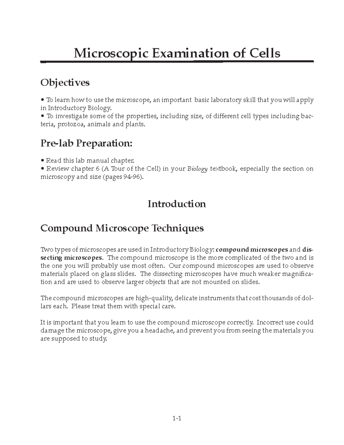 Ch. 1-Microscopy - Lab Instructions - Microscopic Examination of Cells ...