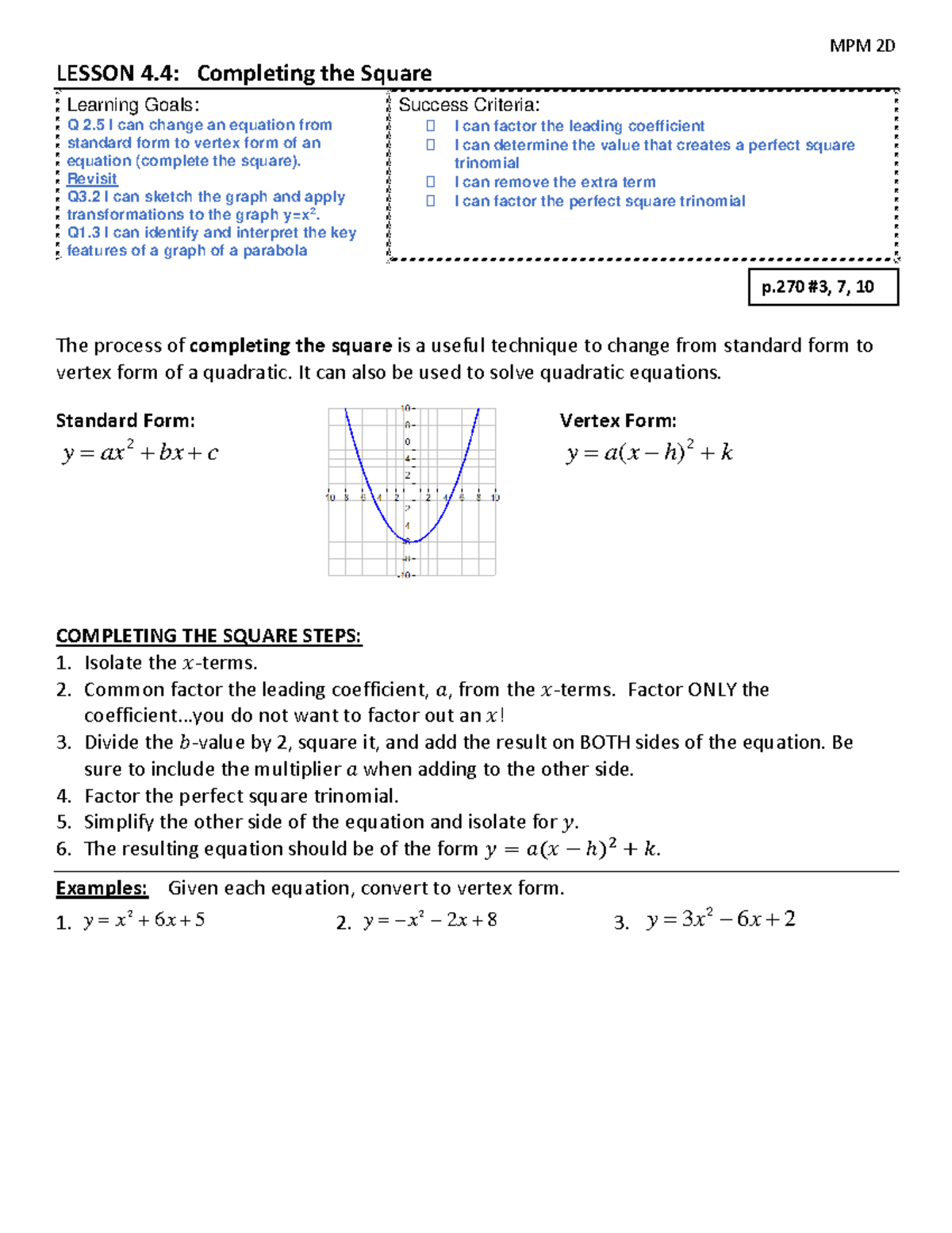 4.4 Completing the Square - MPM 2D LESSON 4: Completing the Square ...