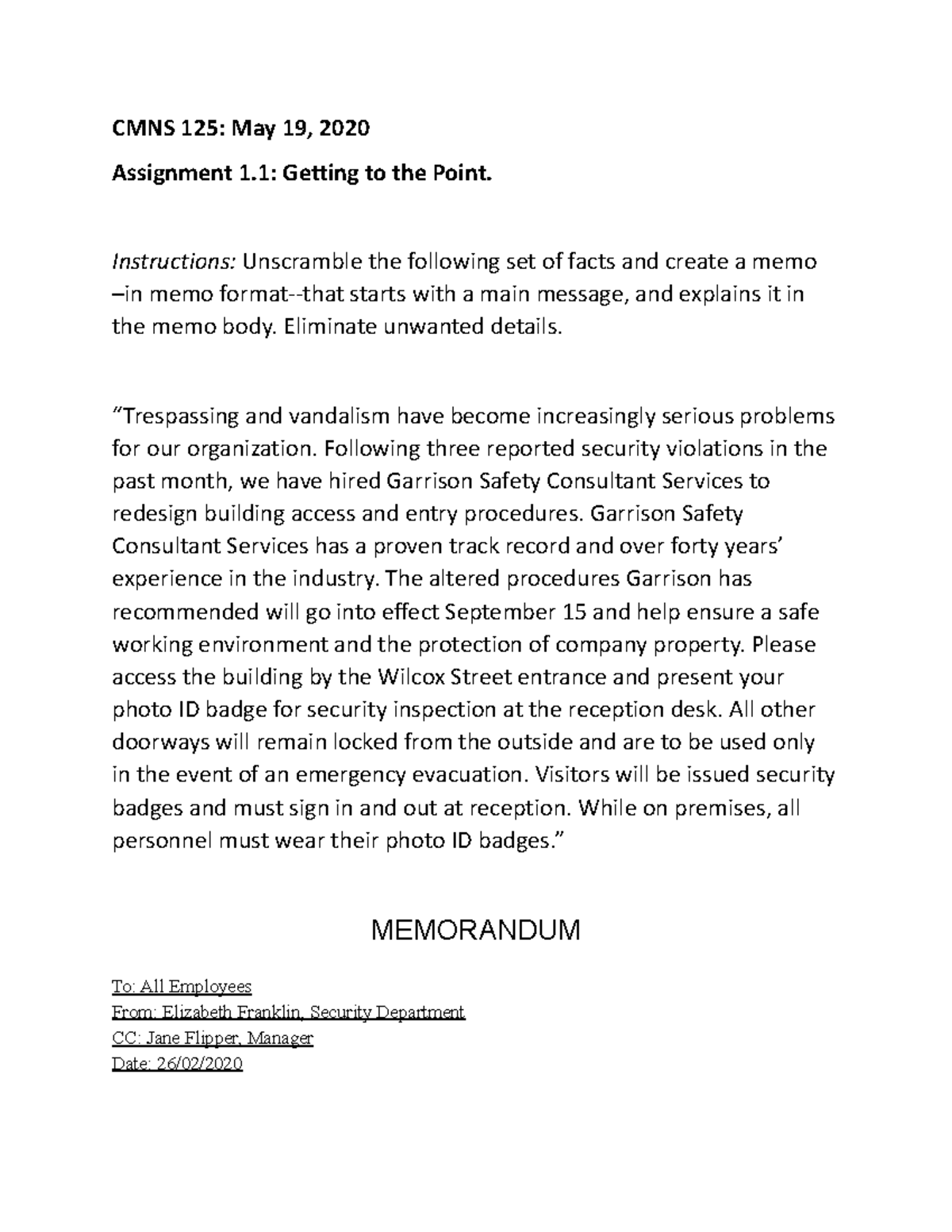 CMNS 125 - Assignment 1.1.Memo - CMNS 125: May 19, 2020 Assignment 1 ...