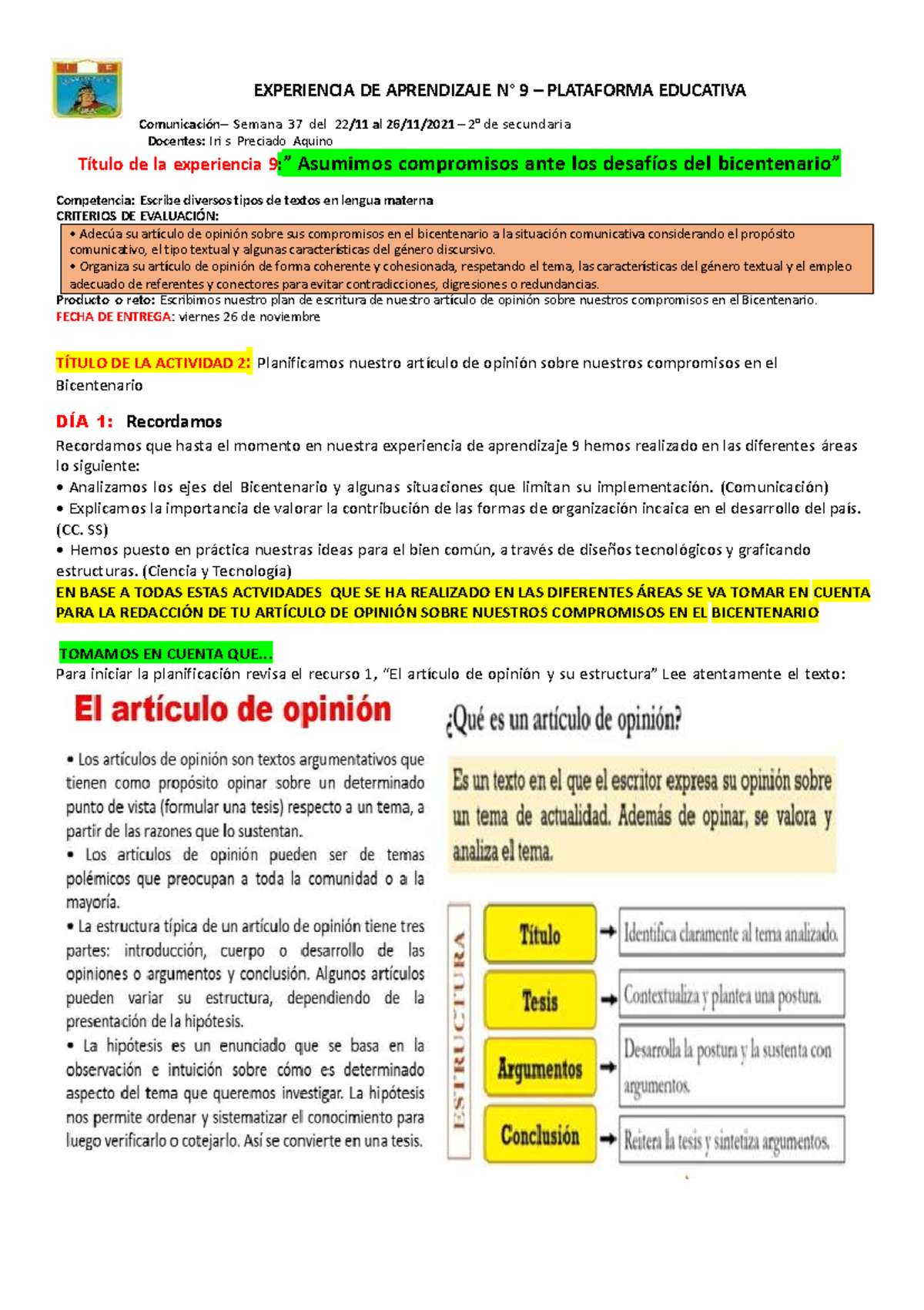 Planificamos articulo opinion - EXPERIENCIA DE APRENDIZAJE N° 9 ...