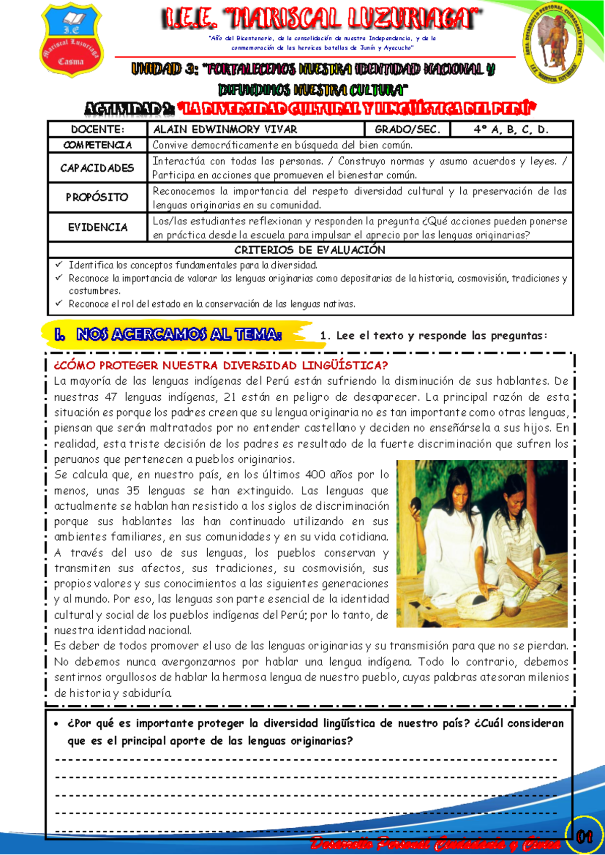 4° DPCC -Act. 03 - Unid - dpcc - I.E. "MARISCAL LUZURIAGA" “Año del Bicentenario, de la - Studocu