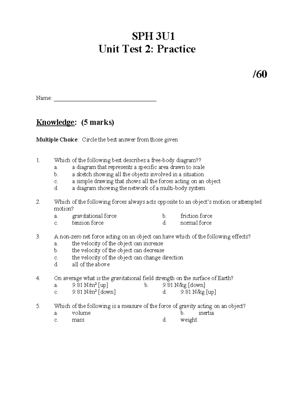 Lesson 8 - Forces Practice Test 20l9 - SPH 3U Unit Test 2: Practice ...