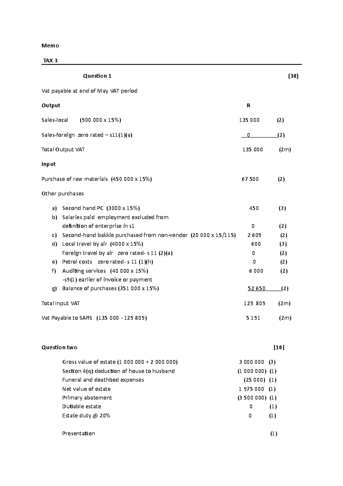 DFMT Taxation 3 MEMO Assessment Memo TAX 3 Question 1 30 Vat DFMT Taxation 3 MEMO Assessment Memo TAX 3 Question 1 30 Vat