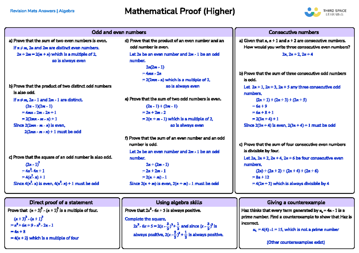 Mathematical Proof (Higher) Answers - Revision Mats - Revision Mats Answers | Algebra ...