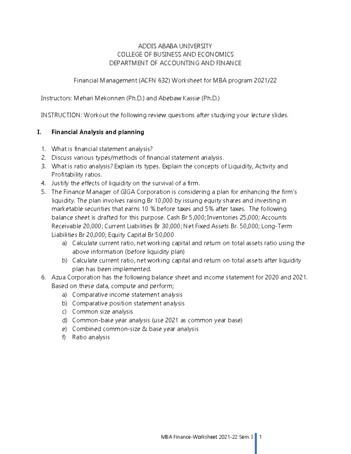 MBA Finance Review Worksheet - ADDIS ABABA UNIVERSITY COLLEGE OF ...
