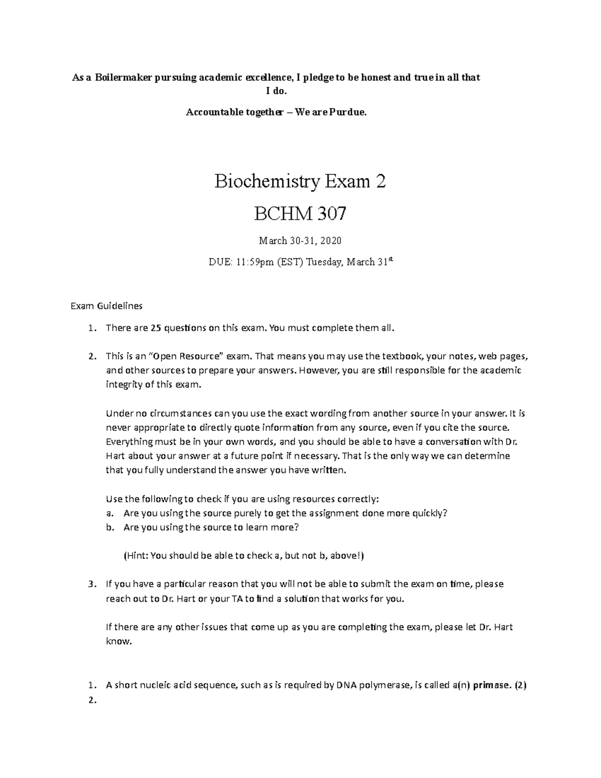 S20 Exam2 - BCHM - Study guide for exam 2 - As a Boilermaker pursuing ...