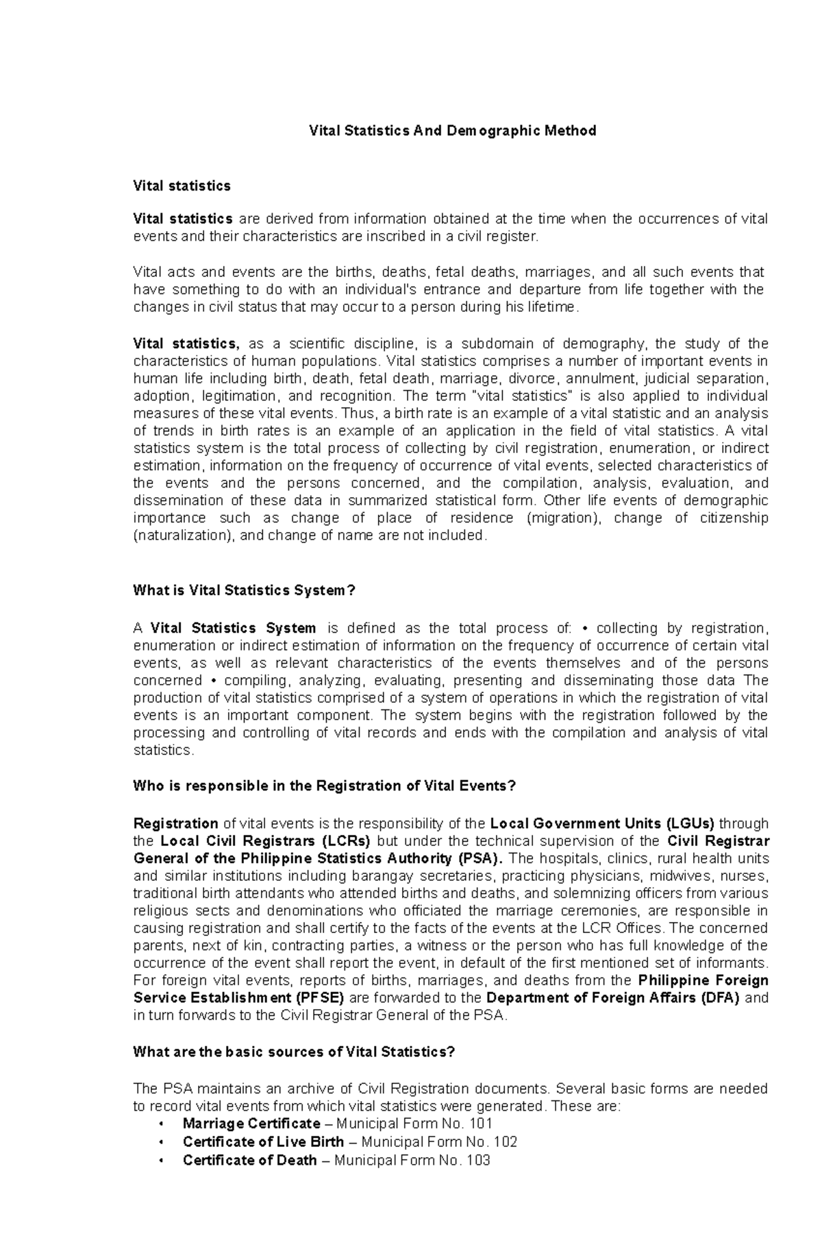 Vital Statistics And Demographic Method - Vital acts and events are the ...