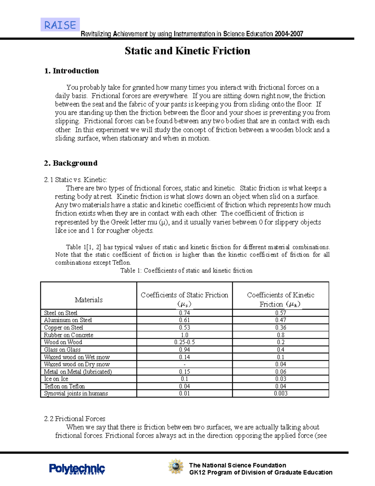 Static and kinetic friction - RAISE Revitalizing Achievement by using ...
