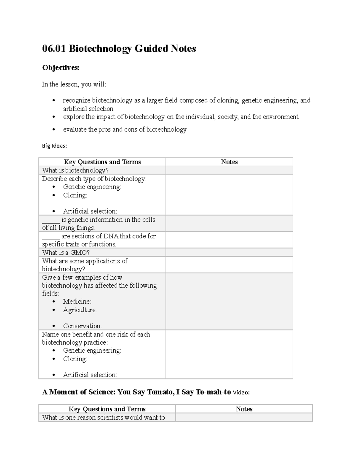 06 01 notes - 06 Biotechnology Guided Notes Objectives: In the lesson ...