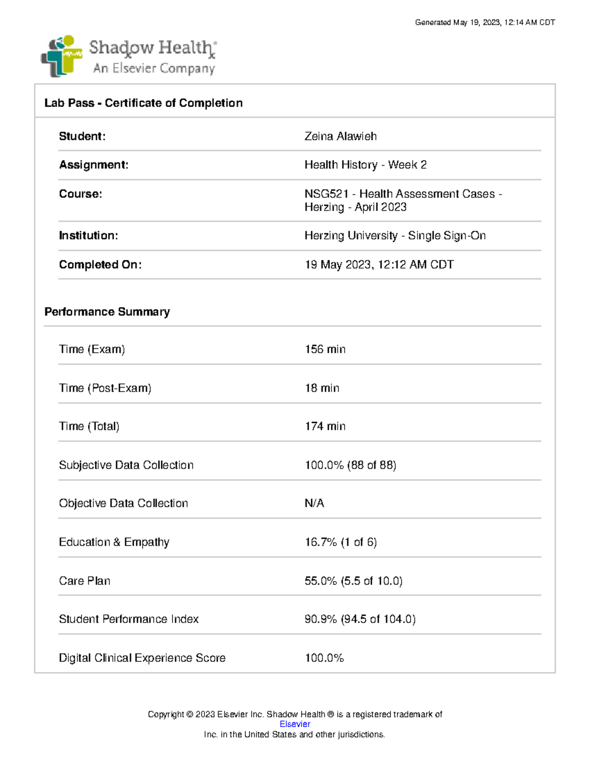 Lab 2 - shadowhealth head to toe - Generated May 19, 2023, 12:14 AM CDT ...