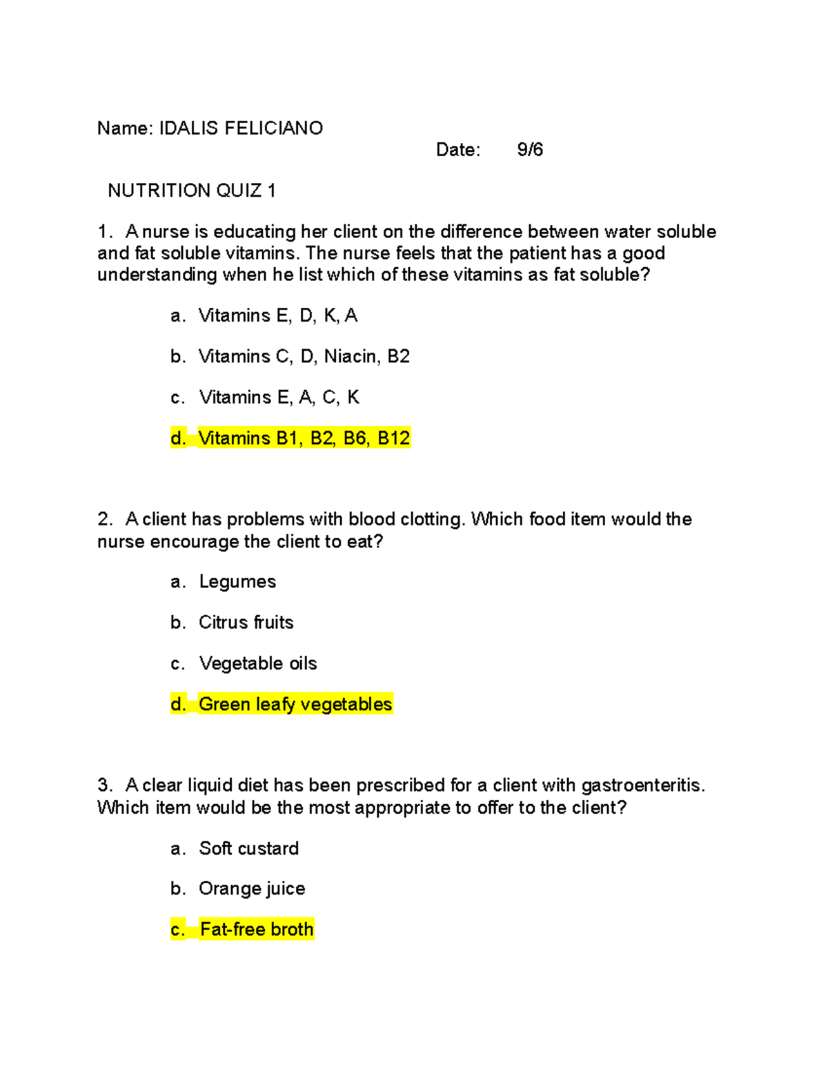 Nutrition Quiz 2022 - quiz - Name: IDALIS FELICIANO Date: 9/ NUTRITION ...