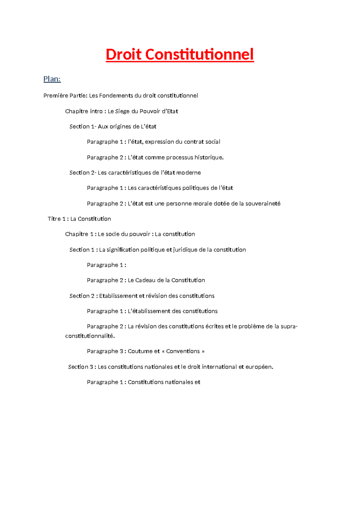 Cours 1er semestre - Droit Constitutionnel Plan: Première Partie: Les ...