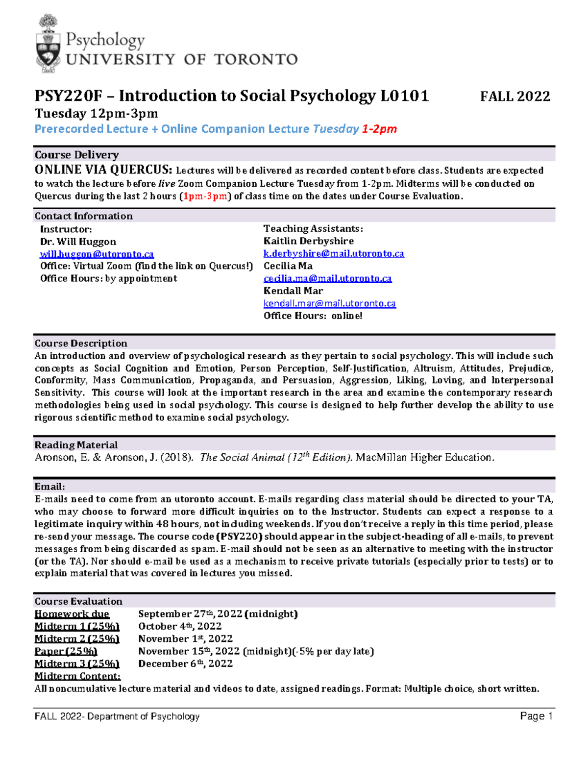 PSY220F Syllabus 2022 Fall Huggon - PSY220F – Introduction to Social Psychology L0101 FALL 2022 ...