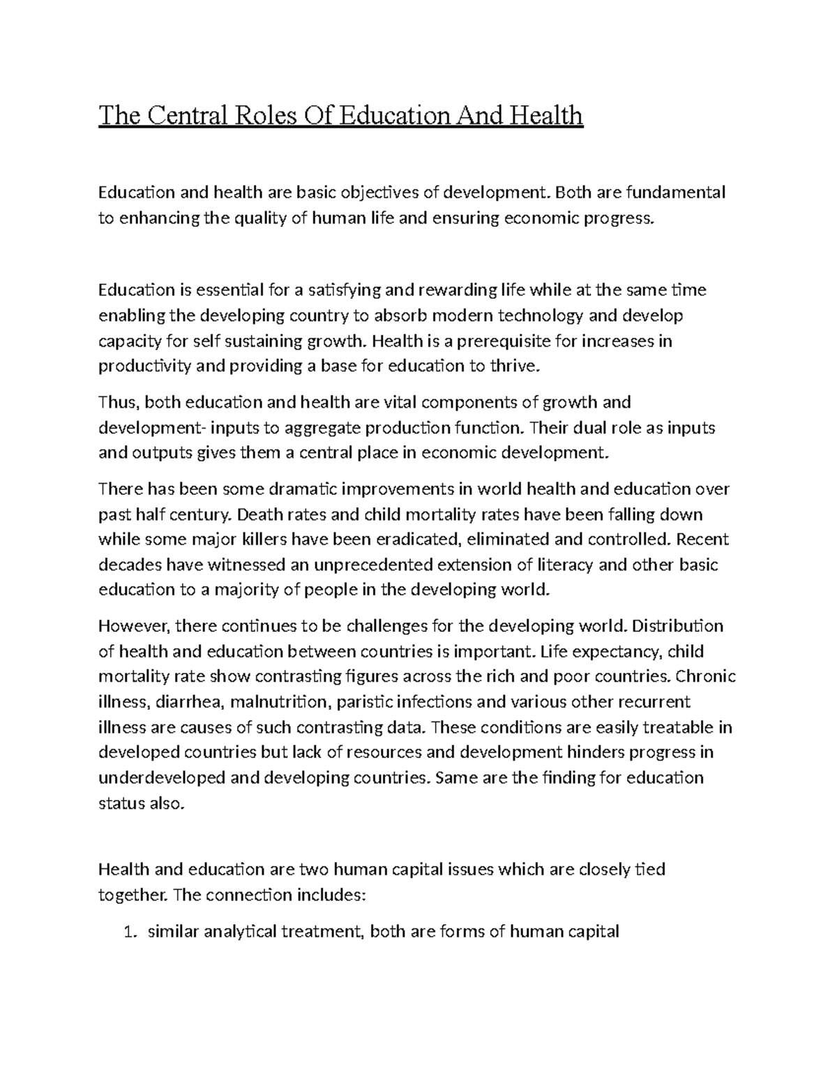 Chapter 8 report ( econdev) - The Central Roles Of Education And Health ...