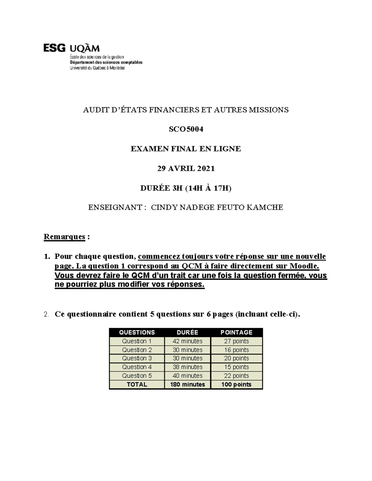 EXAMEN AUDIT 5004 - FINAL 5004 -HIVER 2021 - AUDIT D’ÉTATS FINANCIERS ET AUTRES MISSIONS SCO ...