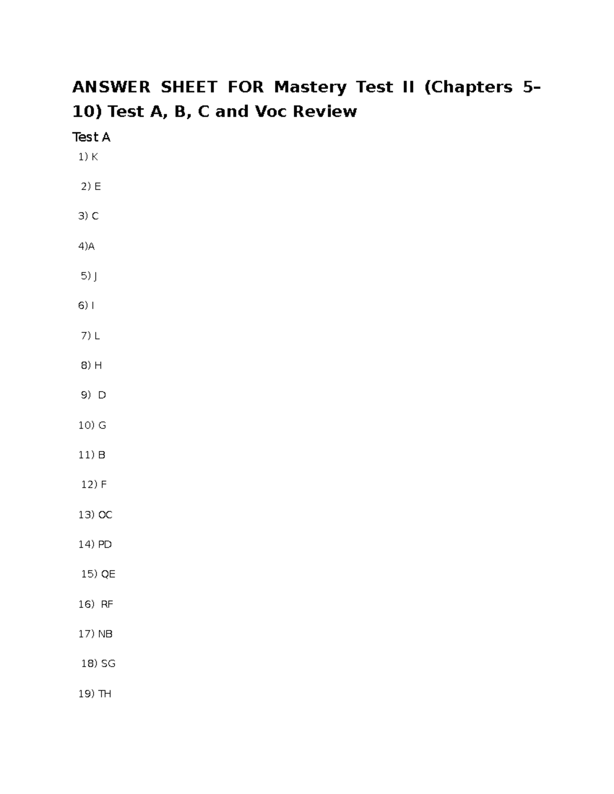 Answer Sheet FOR Mastery Test II - ANSWER SHEET FOR Mastery Test II ...