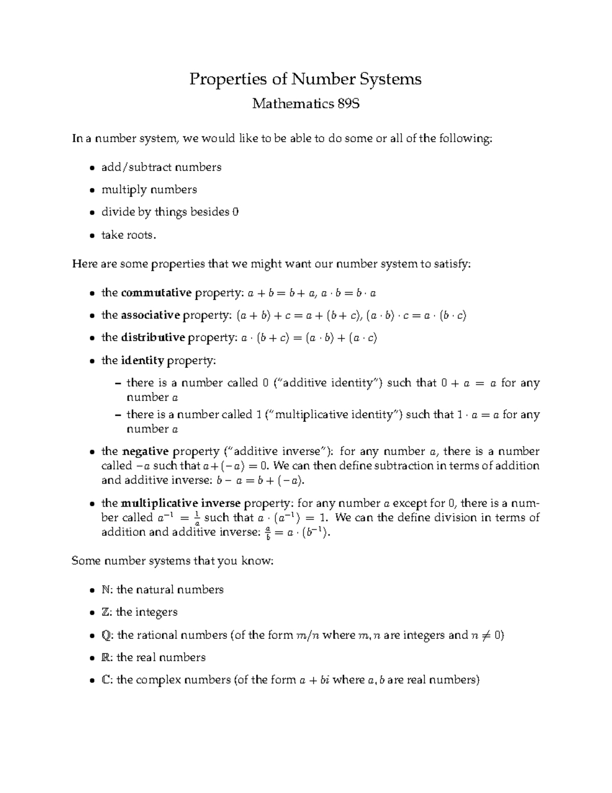 MATH89Snumbersproperties - Properties of Number Systems Mathematics 89S ...