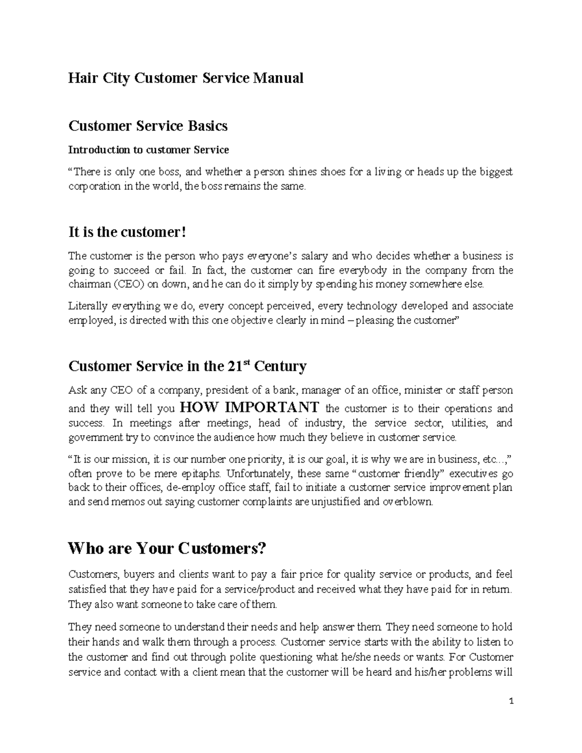 Customer Service Manual - Hair City Customer Service Manual Customer ...