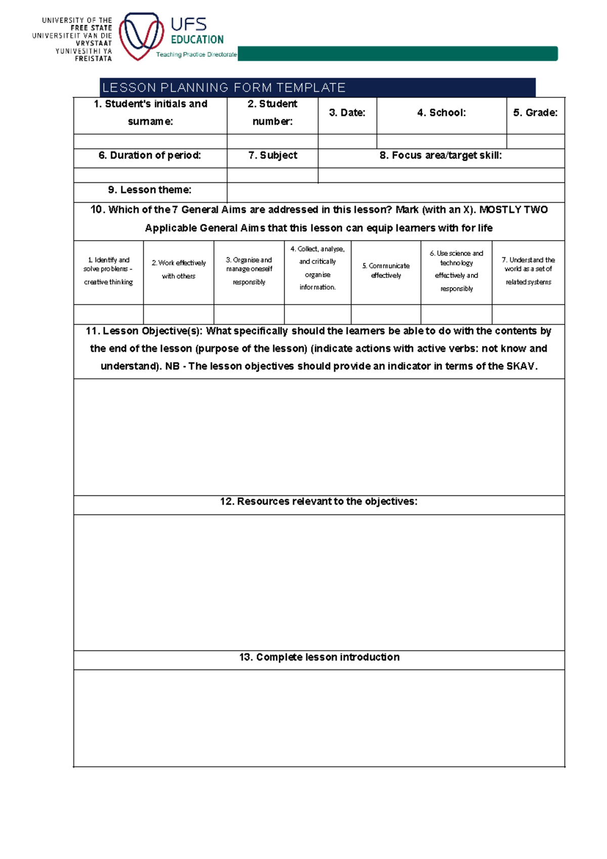 Lesson Planning Form Template - LESSON PLANNING FORM TEMPLATE 1 ...