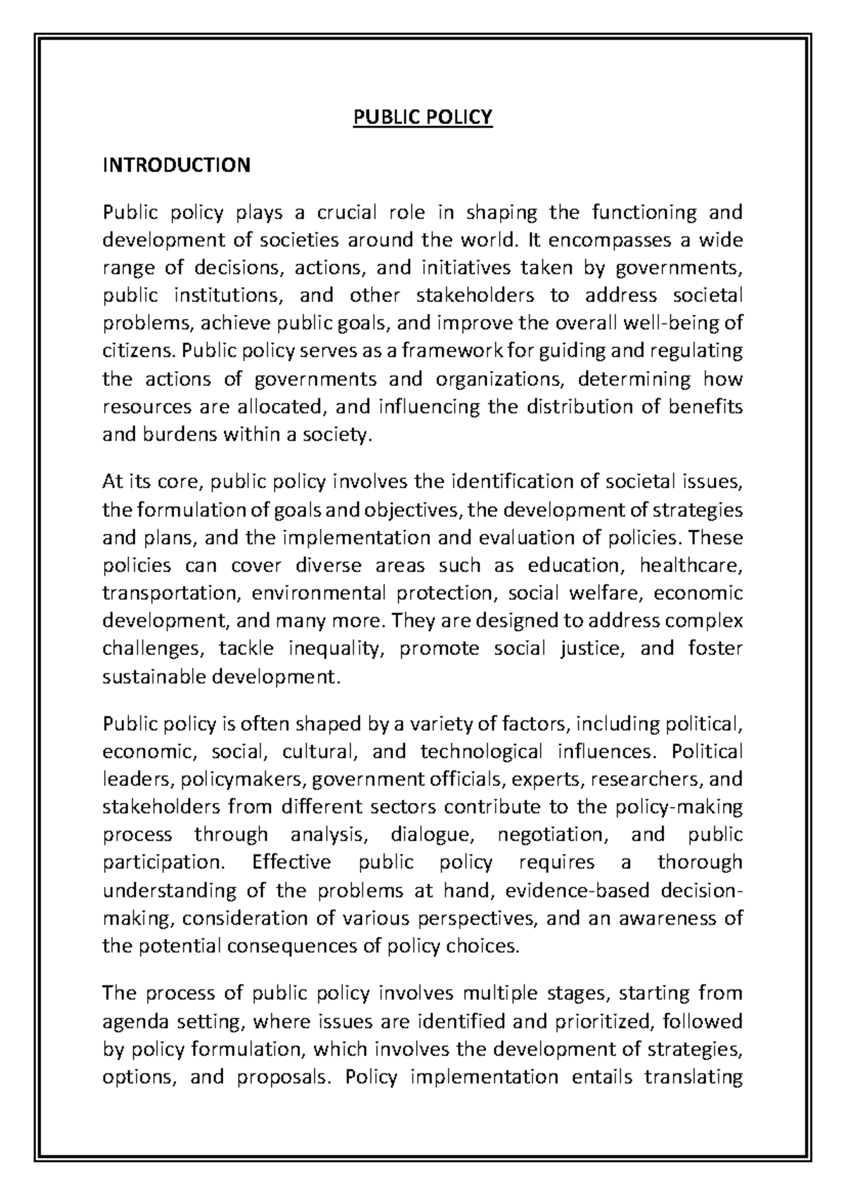 Pub Policy(1a) - Notes on pub policy unit 1 part a - PUBLIC POLICY ...