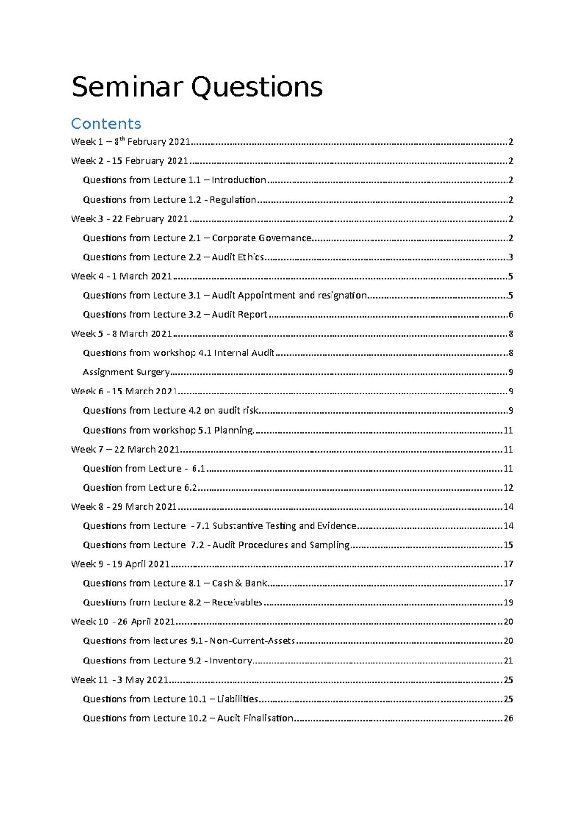 Seminar Questions 1-10 - Seminar Questions Week 1 – 8th February - Studocu