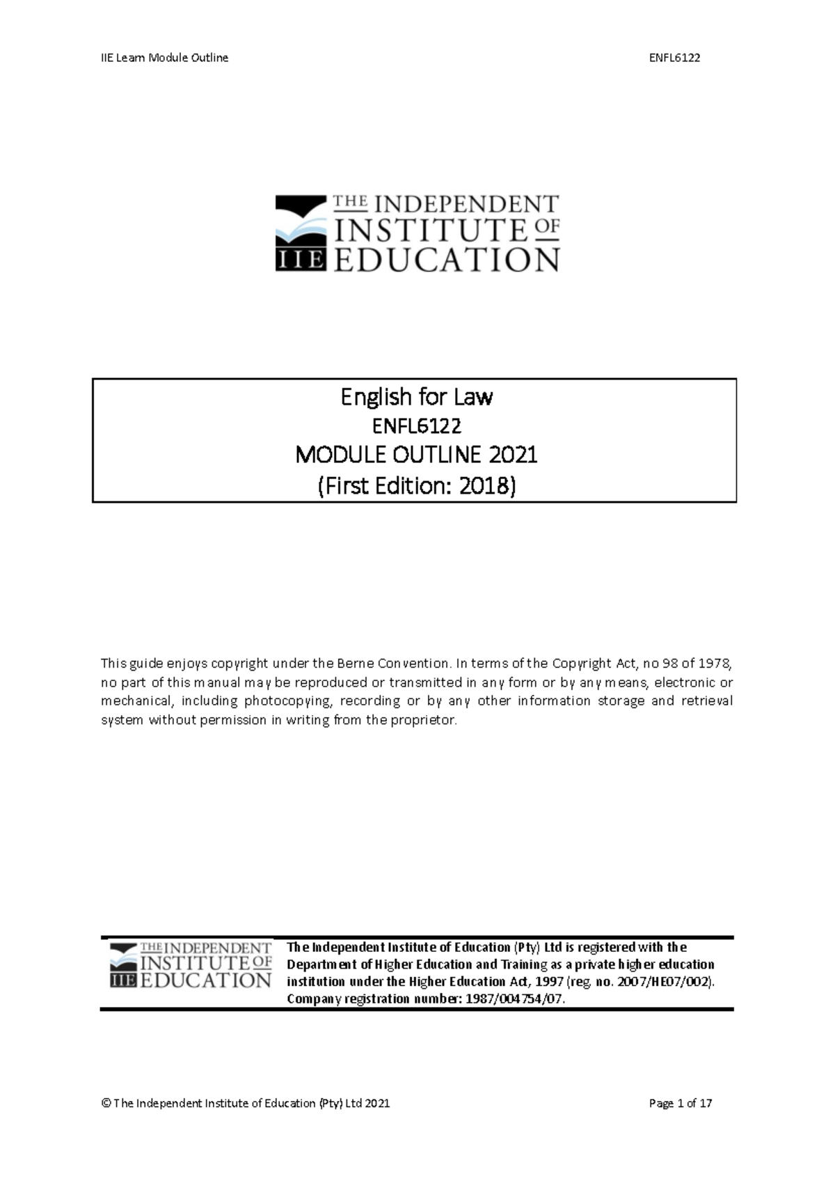 Learn Module Outline - English for Law ENFL MODULE OUTLINE 2021 (First ...