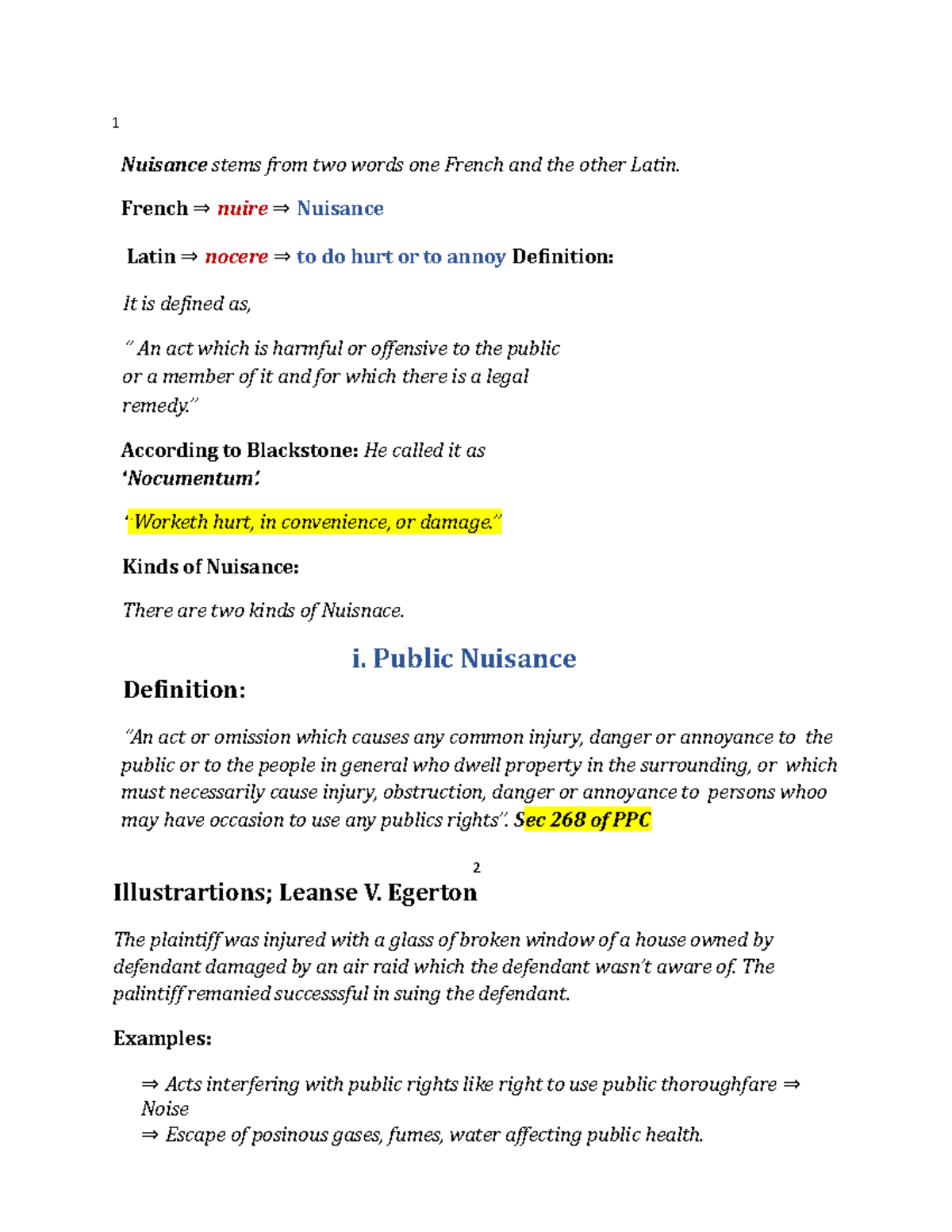 Torts - 1 Nuisance stems from two words one French and the other Latin ...