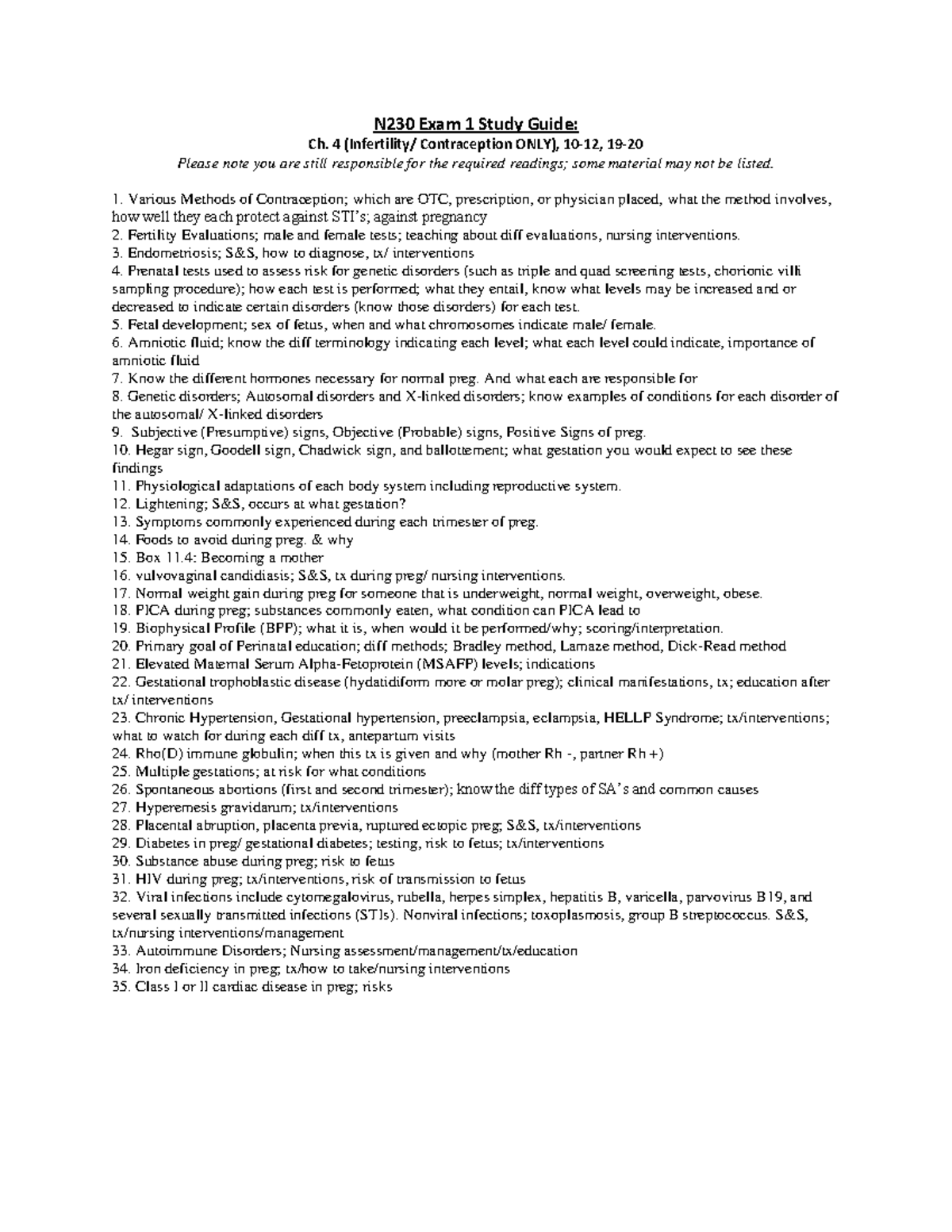 N230 Exam 1 Study Guide - NURS 4275 - CSU - Studocu