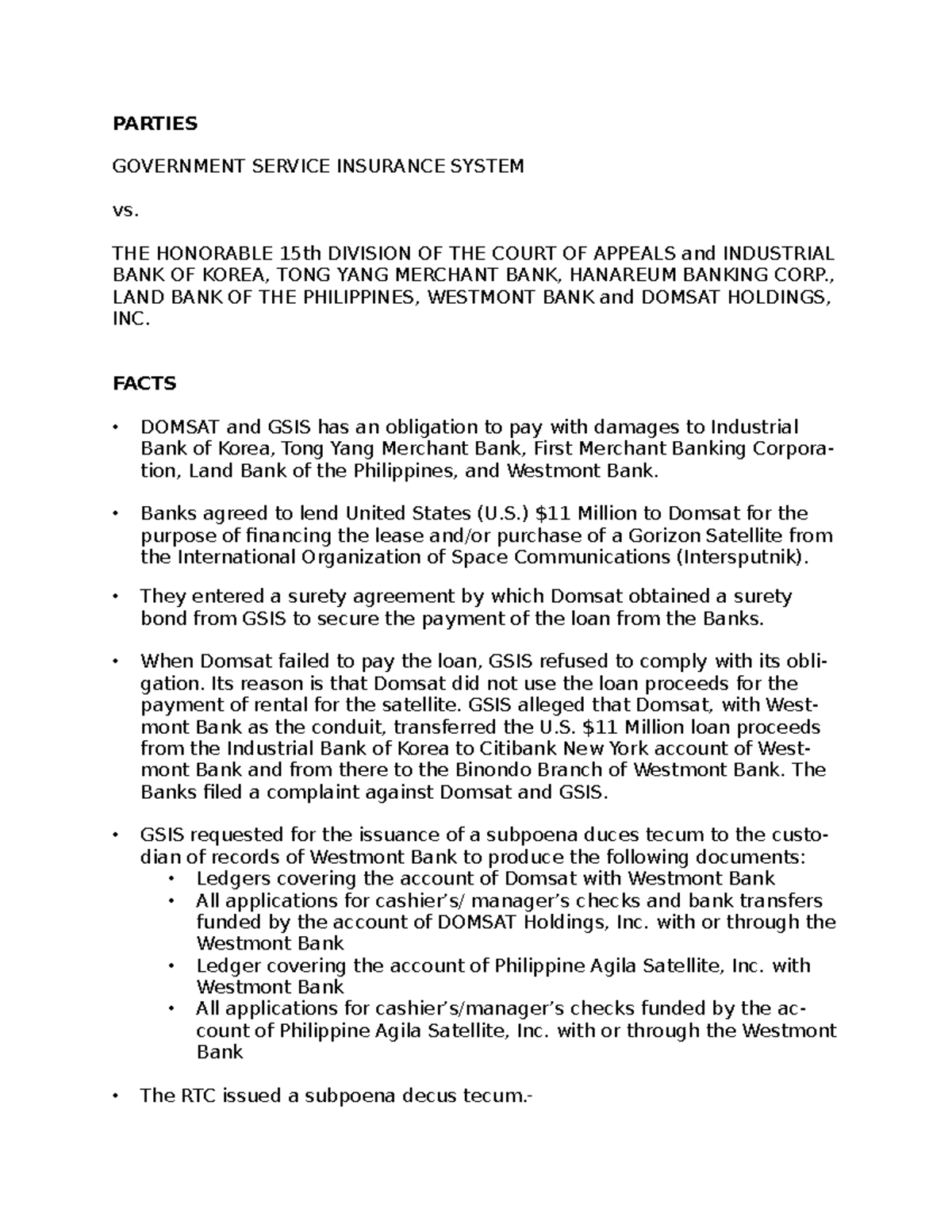 GSIS vs. Banks Ass 4 case digest - PARTIES GOVERNMENT SERVICE INSURANCE ...