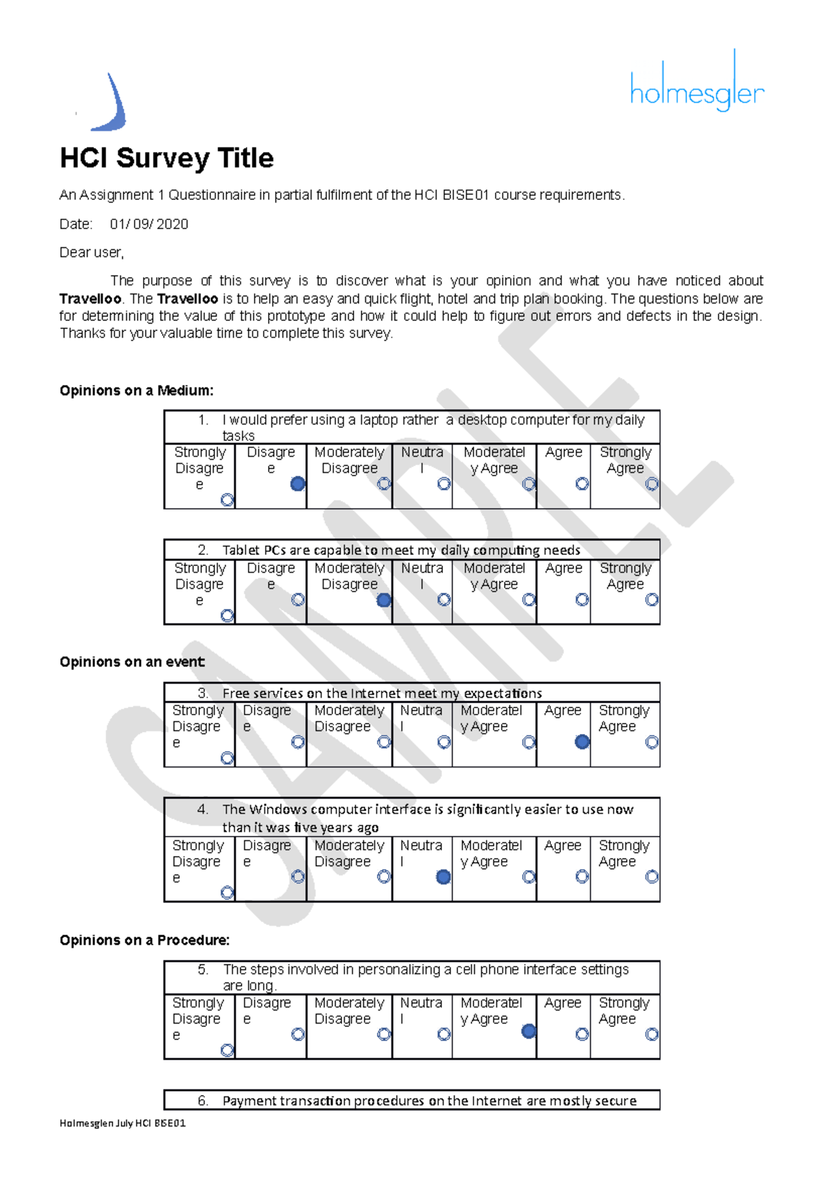 Sample 1 HCI Survey - HCI Survey Title An Assignment 1 Questionnaire in ...