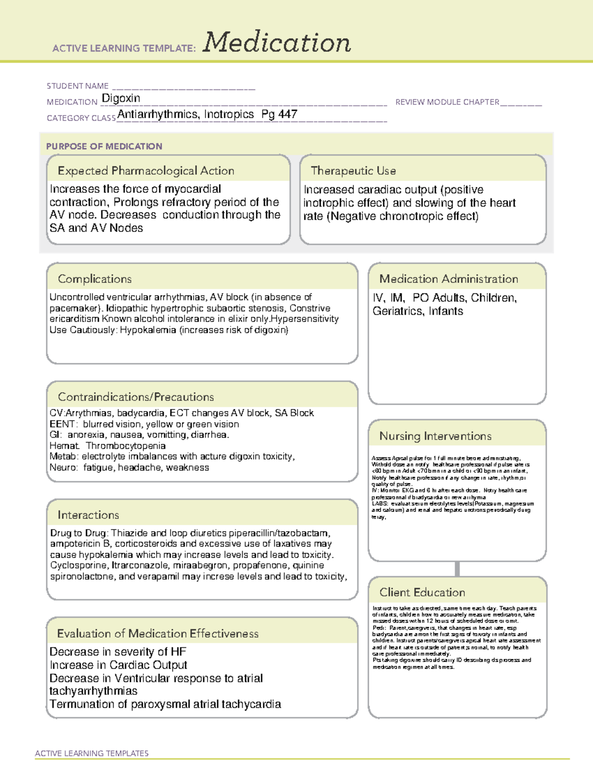 P Digoxin - med card - ACTIVE LEARNING TEMPLATES Medication STUDENT ...