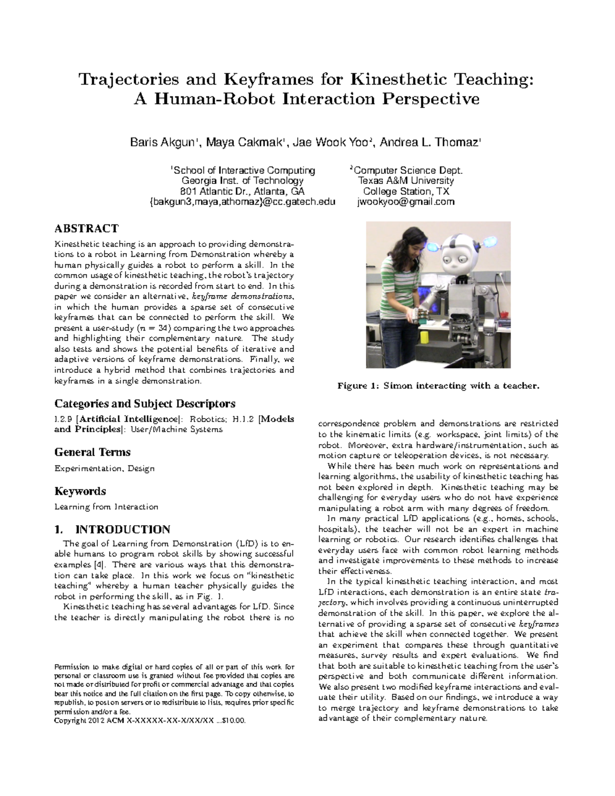 Trajectories and keyframes for kinesthetic teaching a human robot ...