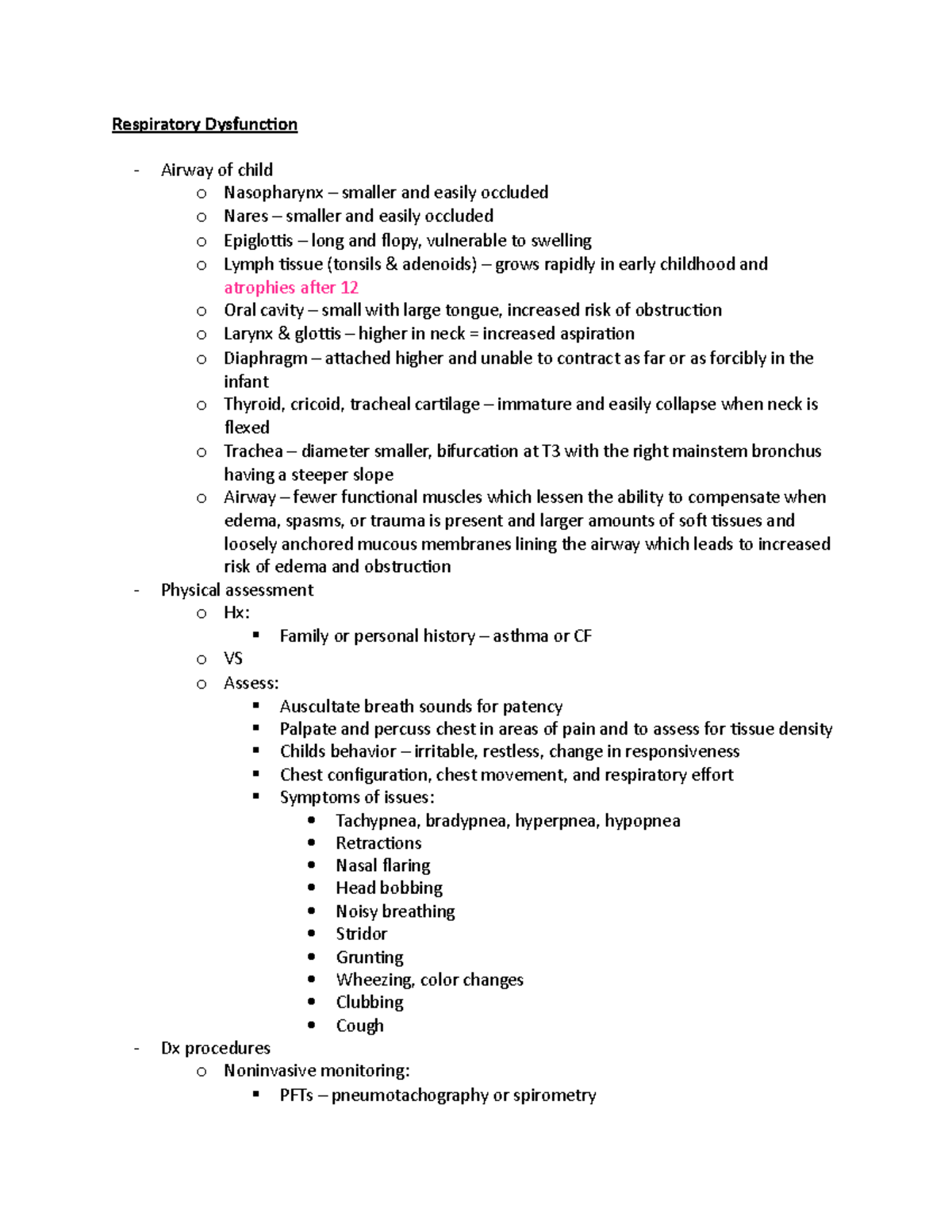 Peds Exam 4 - studyguide for cancer, hematology, and cardiac exam - Respiratory Dysfunction ...