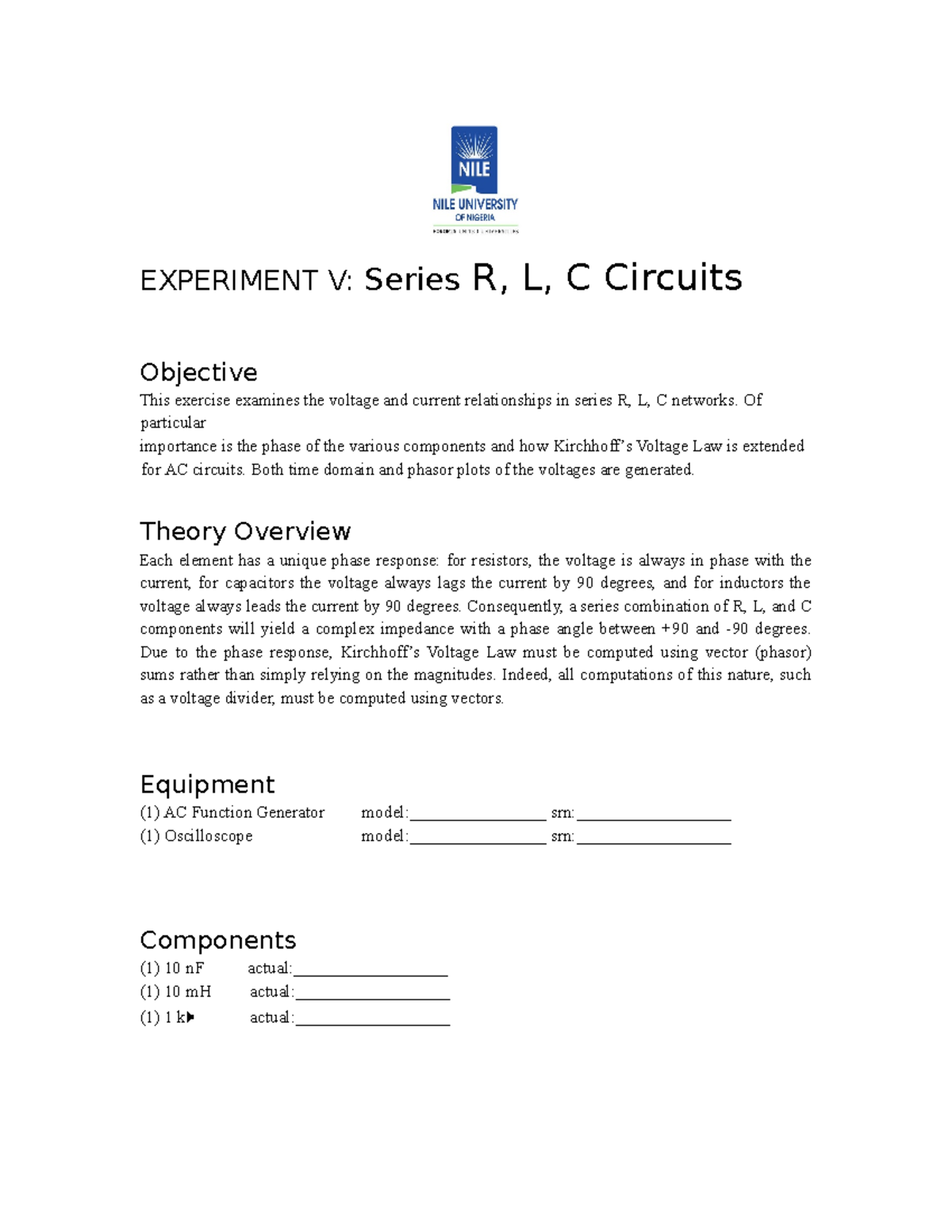 Series RLC Extract Laboratory Manual - EXPERIMENT V: Series R, L, C ...