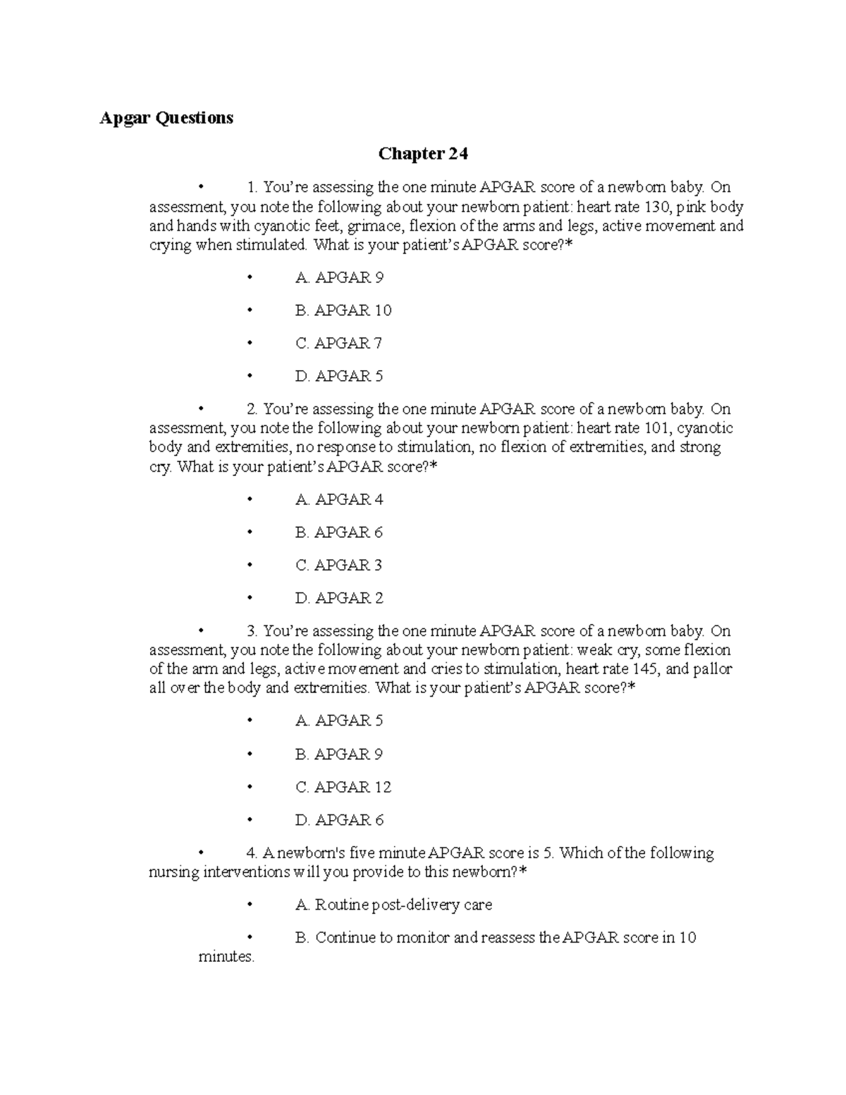 Apgar Sample Questions Chapter 24 - Apgar Questions Chapter 24 You’re ...