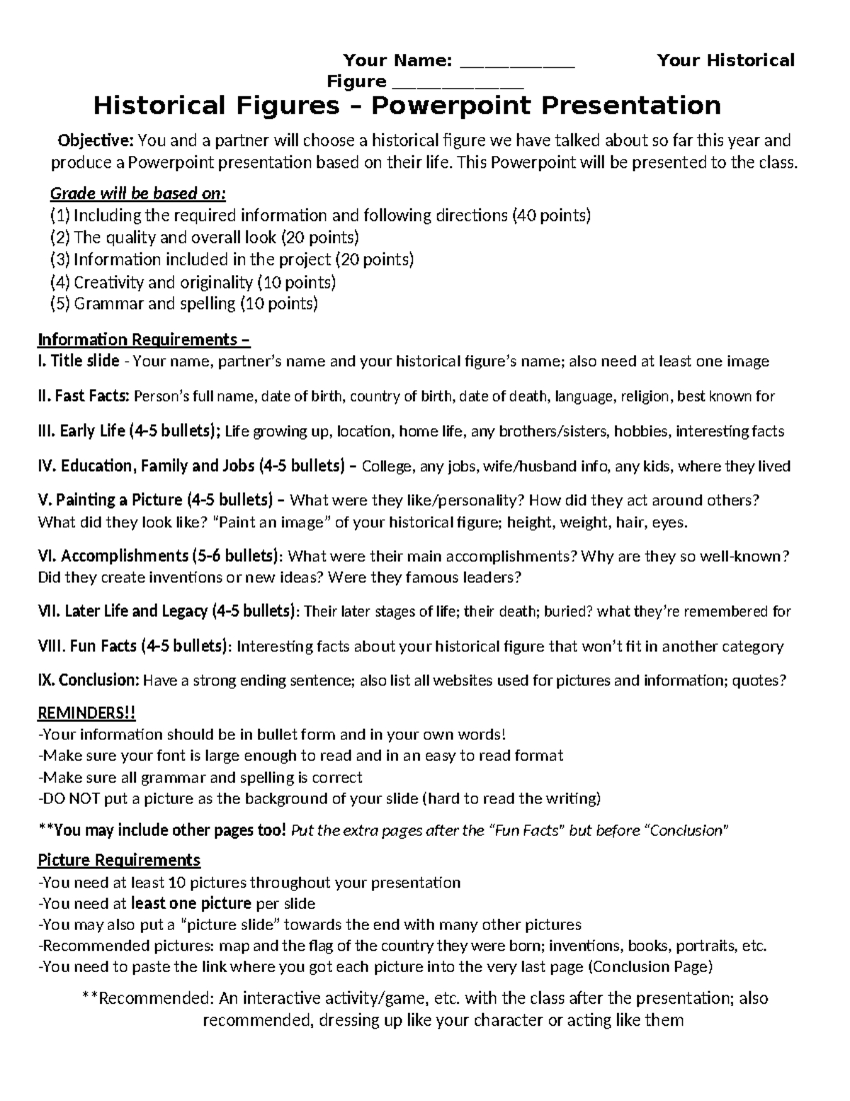 Historical Figures Powerpoint Project - Your Name: ______________ Your ...